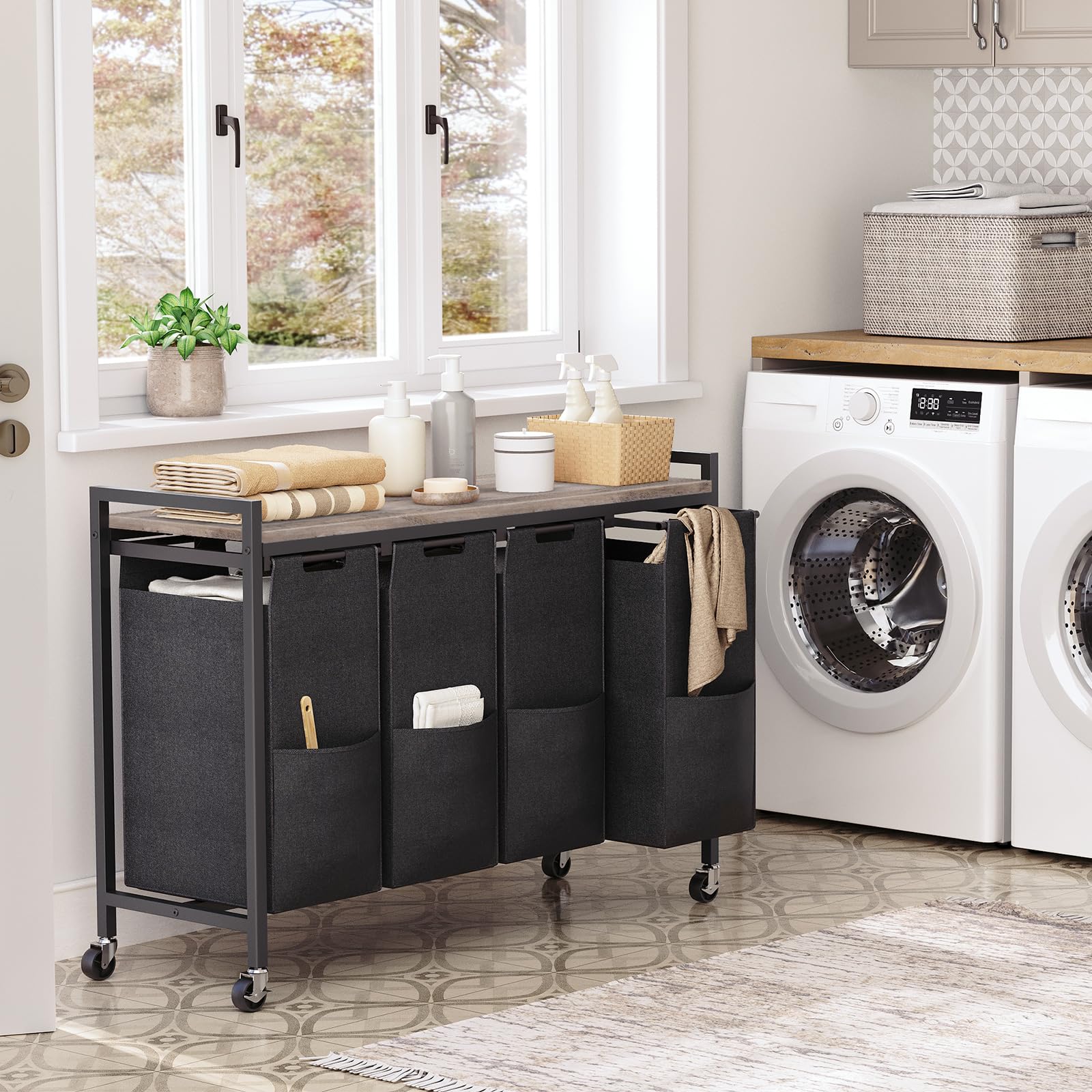 HOOBRO Laundry Sorter 4 Sections, Laundry Hamper with Wheels, 4 × 10.5 Gal (39.8L), Rolling Laundry Basket, Pull-Out and Removable Oxford Fabric Laundry Bags, Greige and Black BG04XY01