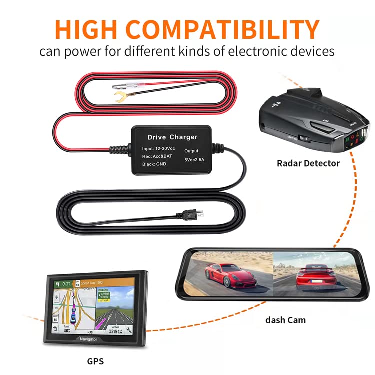Dash Cam Hardwire Kit, 12V-24V to 5V Radar Detector Hard Wire, Gift 4 Fuse Tap Cable, Test Pencil and Installation Tool Car Camera Charger Power Cord
