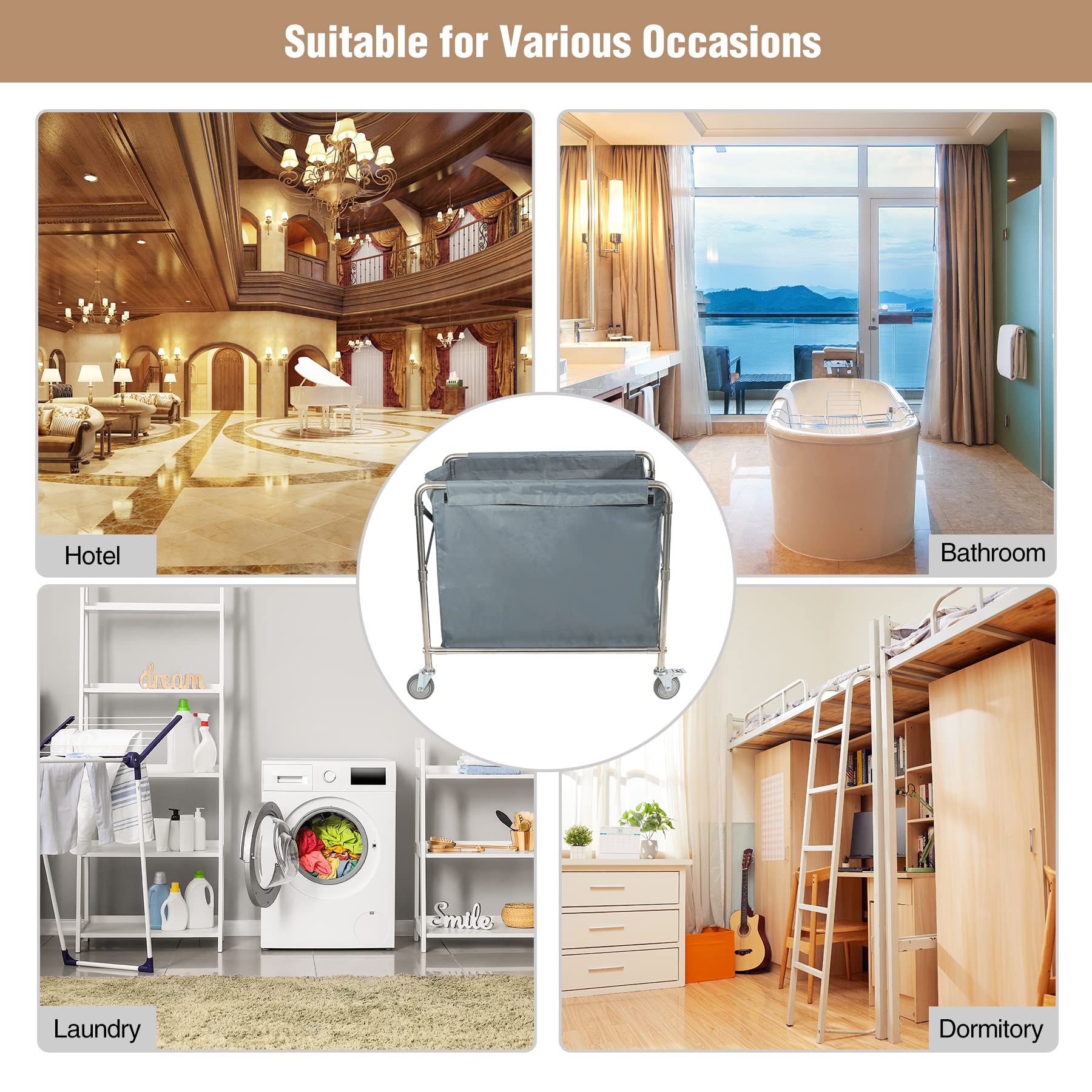 ALBOMI Collapsible Commercial Laundry Cart with Wheels, Large Folding Stainless Steel Laundry Hamper, Industrial Rolling Waterproof Laundry Basket for Hotel Hospital School Home, 440LB Load, Gray