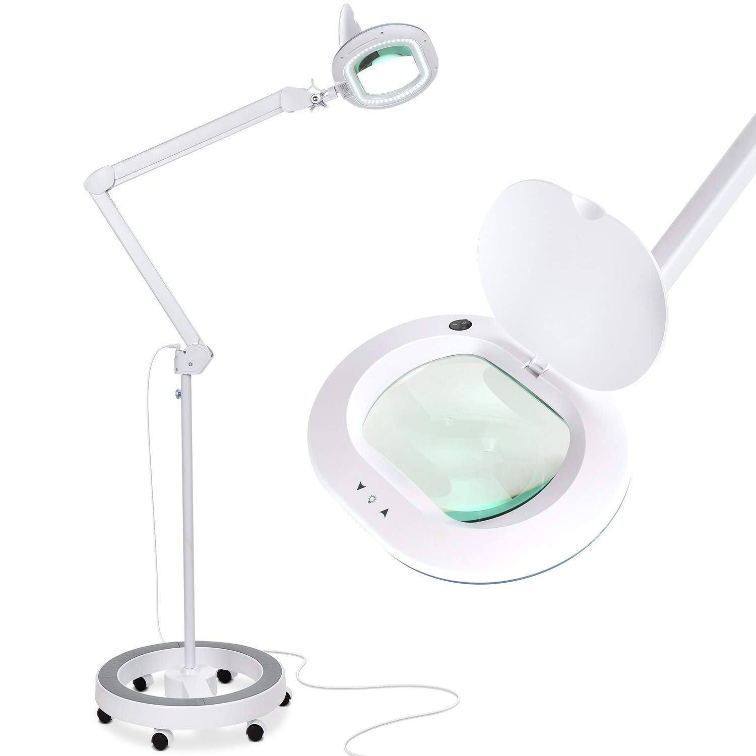 Brightech LightView Pro Magnifying Glass with Stand and Light â Magnifying Floor Lamp with 6-Wheels on a Sturdy Base for Facials â LED Work Light with XL Magnifying Glass for Crafts and Projects
