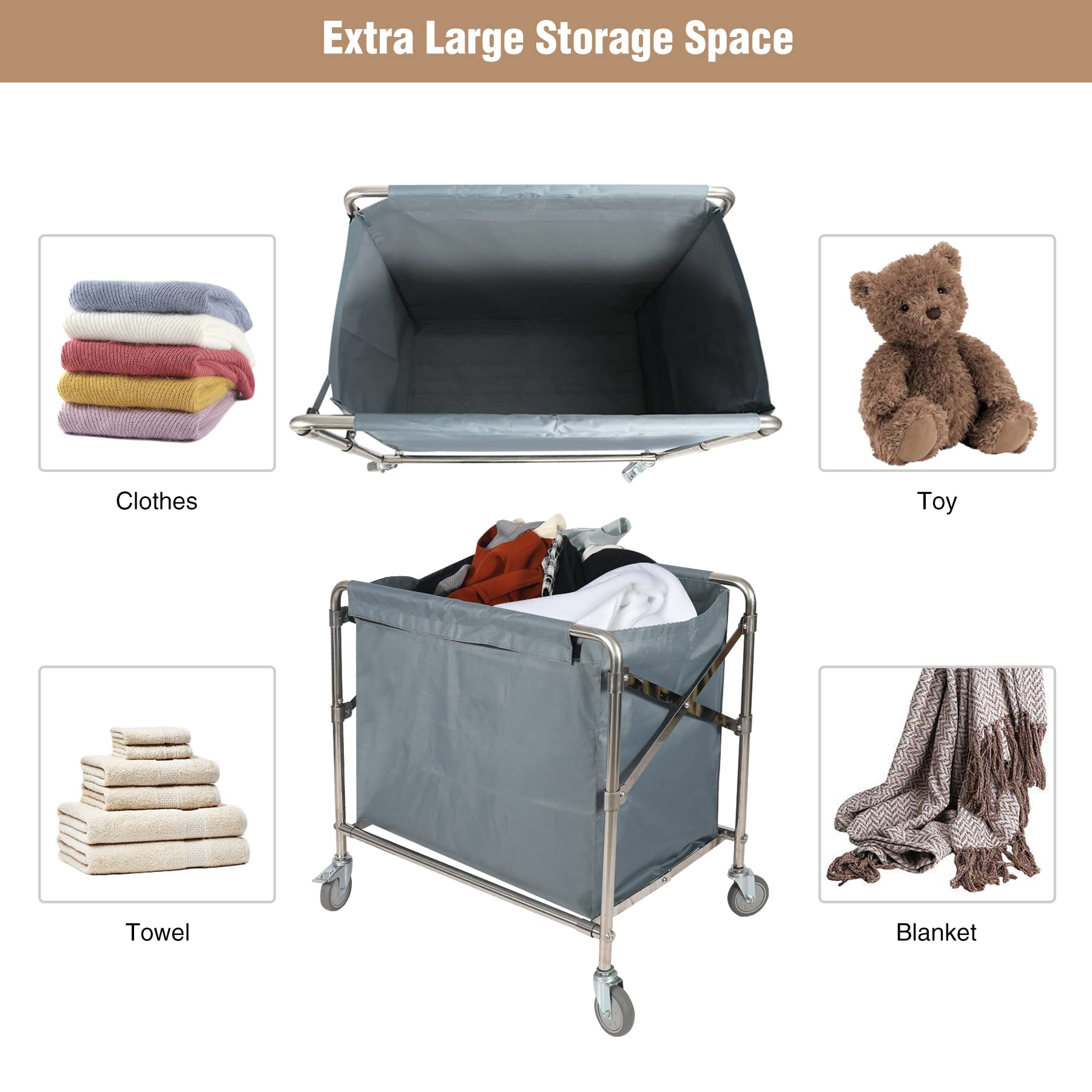 ALBOMI Collapsible Commercial Laundry Cart with Wheels, Large Folding Stainless Steel Laundry Hamper, Industrial Rolling Waterproof Laundry Basket for Hotel Hospital School Home, 440LB Load, Gray