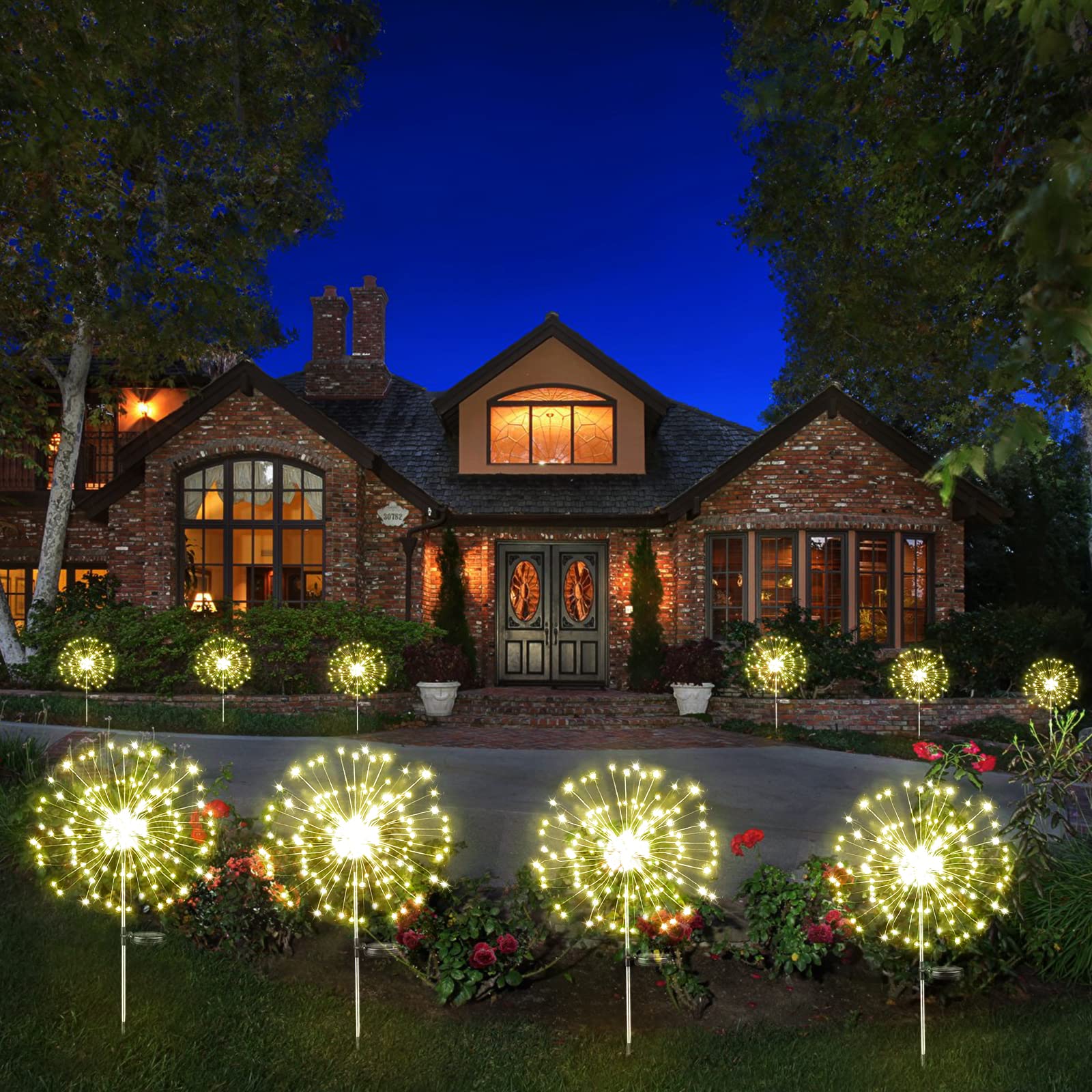 4-Pack Solar Outdoor Lights for Garden Decorations, 360 LED Solar Firework Lights with 2 Lighting Modes, Solar Christmas Lights Waterproof for Outside Pathway Patio Yard Xmas Decorations(Warm White)