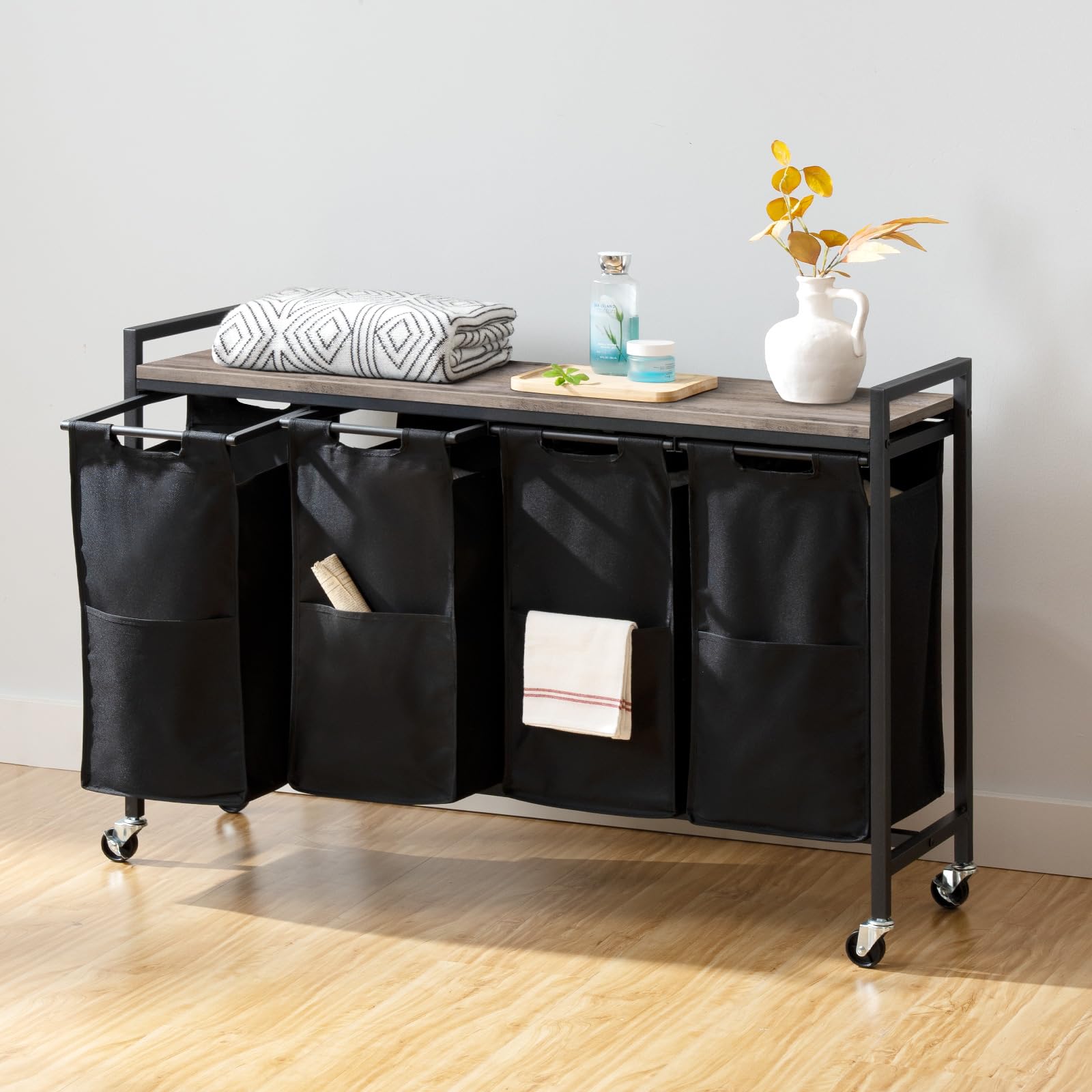 HOOBRO Laundry Sorter 4 Sections, Laundry Hamper with Wheels, 4 × 10.5 Gal (39.8L), Rolling Laundry Basket, Pull-Out and Removable Oxford Fabric Laundry Bags, Greige and Black BG04XY01
