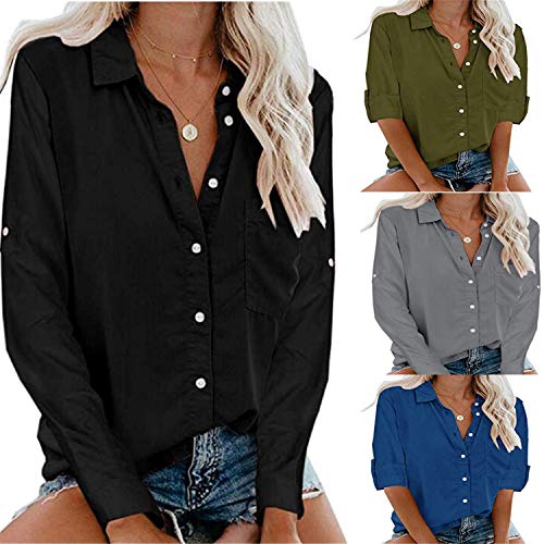 Andongnywell Women's Solid Color Long Sleeve V Neck Button Cardigan Blouses Tops Button Down Shirts Blouses (Green,8,5X-Large)