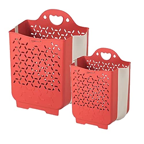 Foldable Plastic Laundry Baskets. Wall Hanging Storage Basket. Multi-function Storage Container Waterproof Durable for Bedroom and Bathroom (M&L, Red)