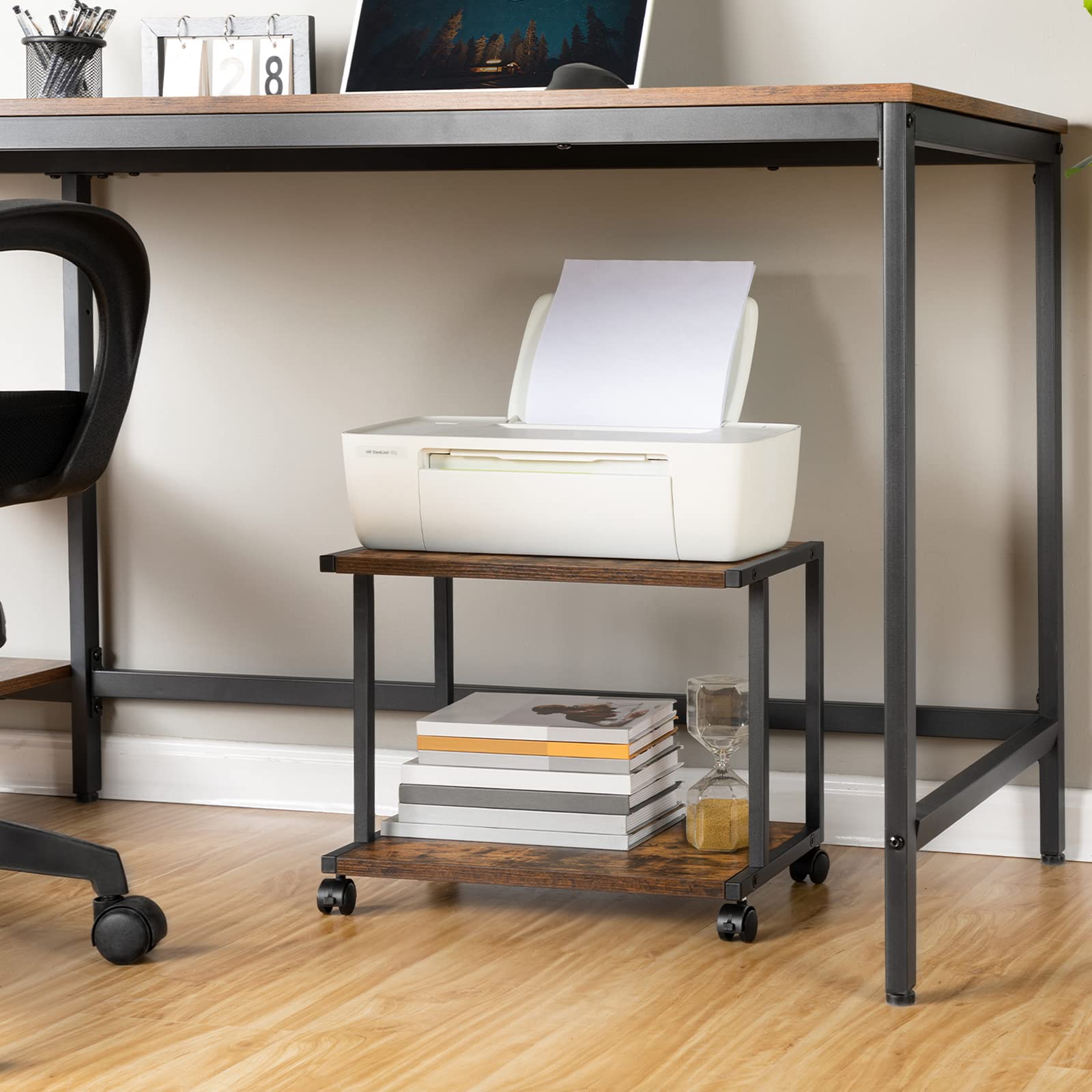 HOOBRO Industrial Printer Stand, 2-Tier Printer Cart with Storage, Printer Table With Adjustable Anti-Skid Feet, Under Desk Storage Cart on Wheels, for Home and Office, Rustic Brown and Black BF42PS01
