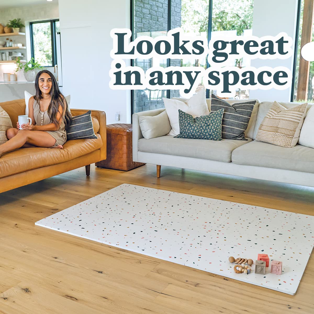 New! 4' x 6' Baby & Child Play Mat - Modern Terrazzo Design - Extra-Thick - Seamless Edges Playmat - Neutral Cream Color - 100% Non-Toxic Kids Extra Large Play Mat | Simply Tots Brand