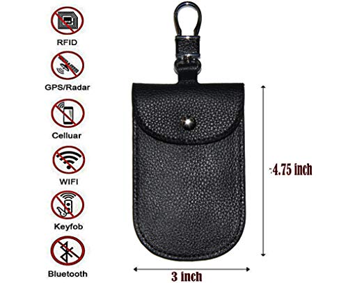 Genuine Leather Car Key Signal Blocker Case, Faraday Bag RFID Key Fob Antitheft Lock Devices RFID/WiFi/GSM/LTE/NFC Protector (Black)