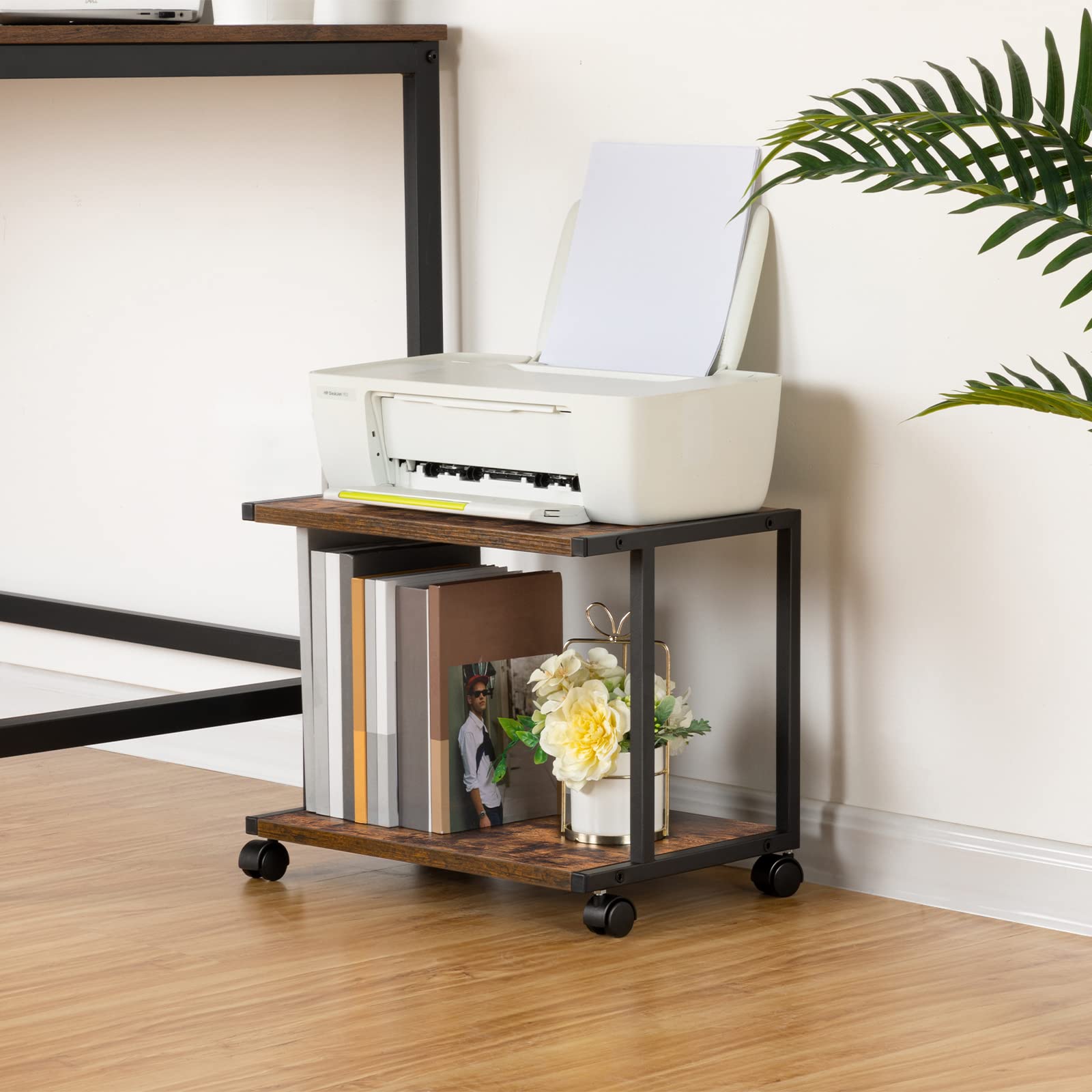 HOOBRO Industrial Printer Stand, 2-Tier Printer Cart with Storage, Printer Table With Adjustable Anti-Skid Feet, Under Desk Storage Cart on Wheels, for Home and Office, Rustic Brown and Black BF42PS01