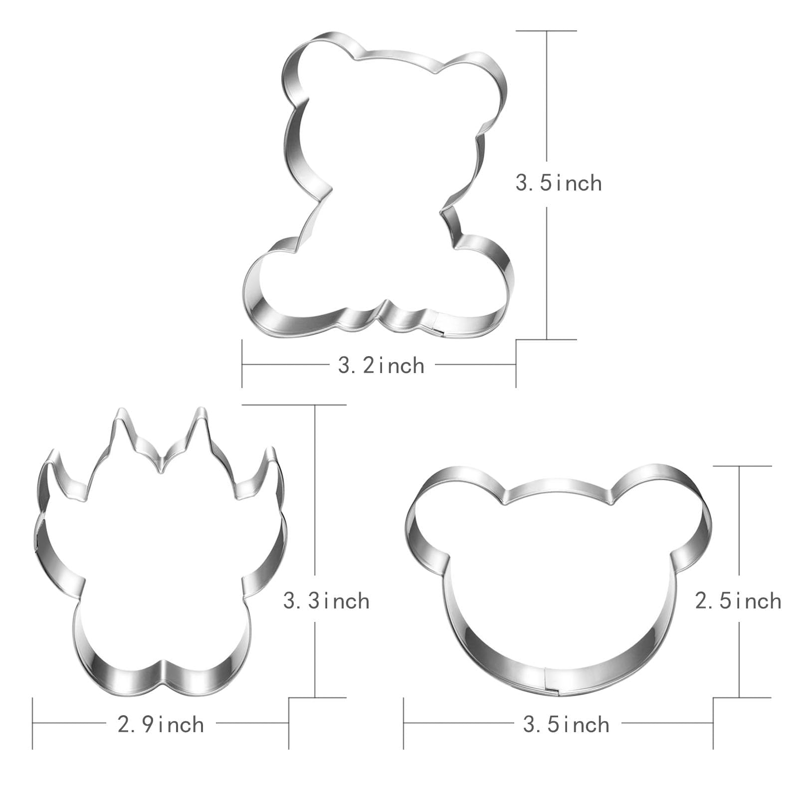 LUBTOSMN Bear Cookie Cutter Set - 3 Piece: Bear Head, Paw & Diswasher Safe Shapes for Baby Shower & Birthday Baking