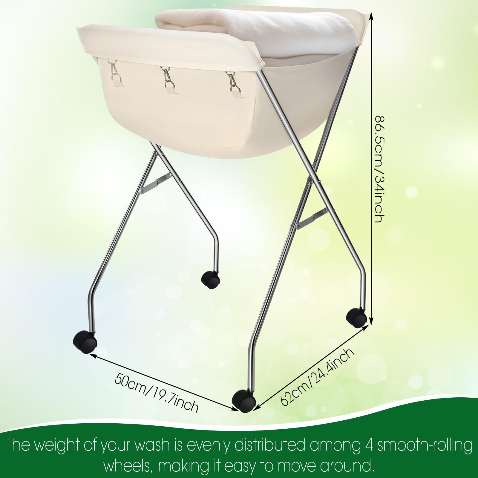 Mifoci Rolling Laundry Basket with Wheels, Foldable Rolling Laundry Cart Collapsible Hamper with Handle, Tubular Metal Frame and Removable Bag, White Bag Included, 24.4 x 19.7 x 34 Inches