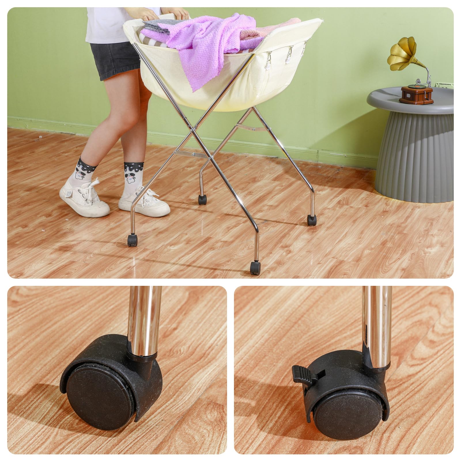 Mifoci Rolling Laundry Basket with Wheels, Foldable Rolling Laundry Cart Collapsible Hamper with Handle, Tubular Metal Frame and Removable Bag, White Bag Included, 24.4 x 19.7 x 34 Inches
