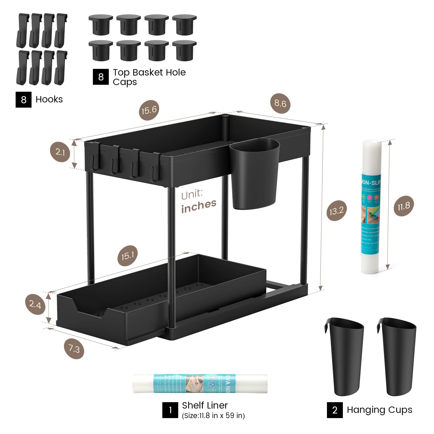 Under Sink Organizers and Storage, 2 Pack Under Cabinet Organizer with 1 Shelf Liner, 8 Hooks, 2 Hanging Cups, Multi-Purpose Slide-Out Storage Baskets Shelf for Bathroom Kitchen Living Room