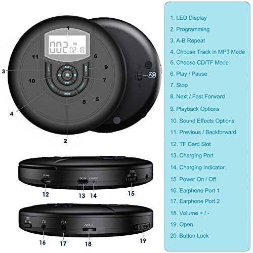 CD Player Portable, Portable CD Player with Built-in Speakers, Rechargeable CD Player for Car and Personal Use, Walkman CD Player with Headphones