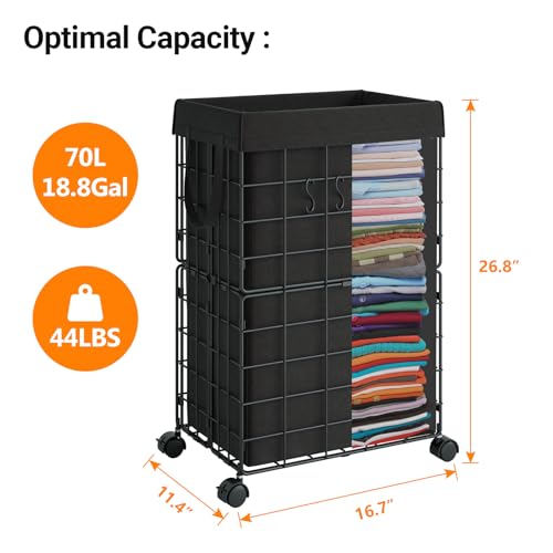 ELYKEN 2 Pack Laundry Hamper with Wheels, Durable Metal Wire Frame with Removable 70L/18.8Gal Capacity Inner Bag, Rolling Laundry Basket with Washable Liner Bag for Bathroom, Black
