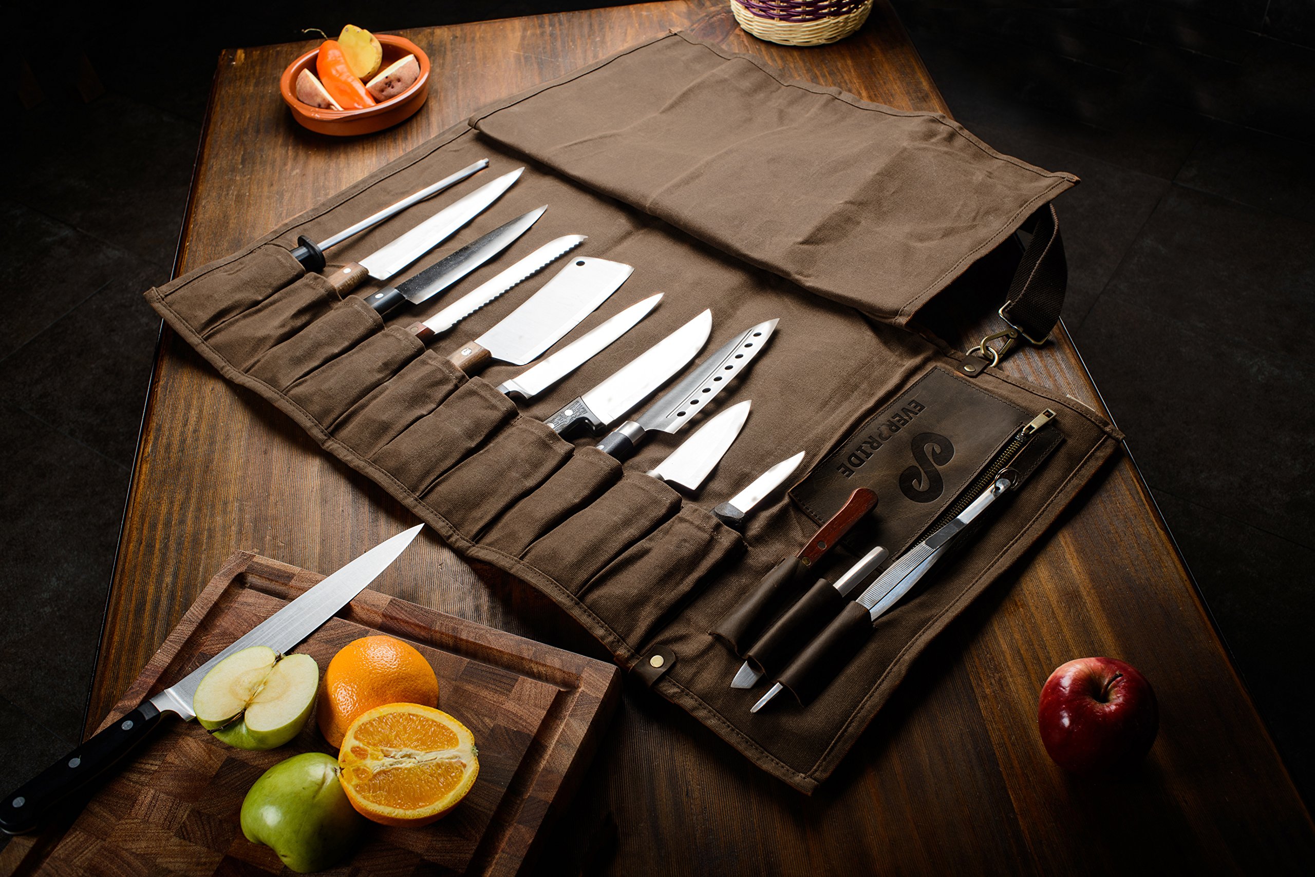 EVERPRIDE Waxed Canvas and Leather Chef Knife Roll Bag β Chef Bag Holds 10 Knives up to 18β PLUS Pocket for Cooking Accessories β Durable Knife Case for Professional Chefs β Knives Not Included