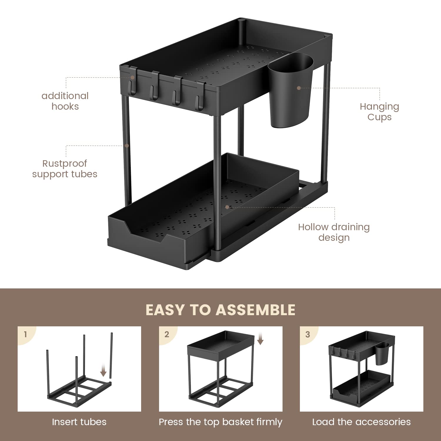 Under Sink Organizers and Storage, 2 Pack Under Cabinet Organizer with 1 Shelf Liner, 8 Hooks, 2 Hanging Cups, Multi-Purpose Slide-Out Storage Baskets Shelf for Bathroom Kitchen Living Room
