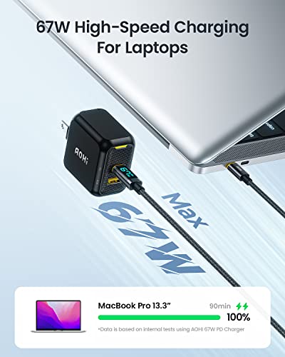 65W USB C Charger, AOHI 2 Ports 67W USB C GaN Charger Power Adapter, PPS Foldable Compact PD Fast Wall Charger with 4ft USB-C Display Cable for MacBook Pro/Air, iPhone 14, iPad Pro,Galaxy, Steam Deck