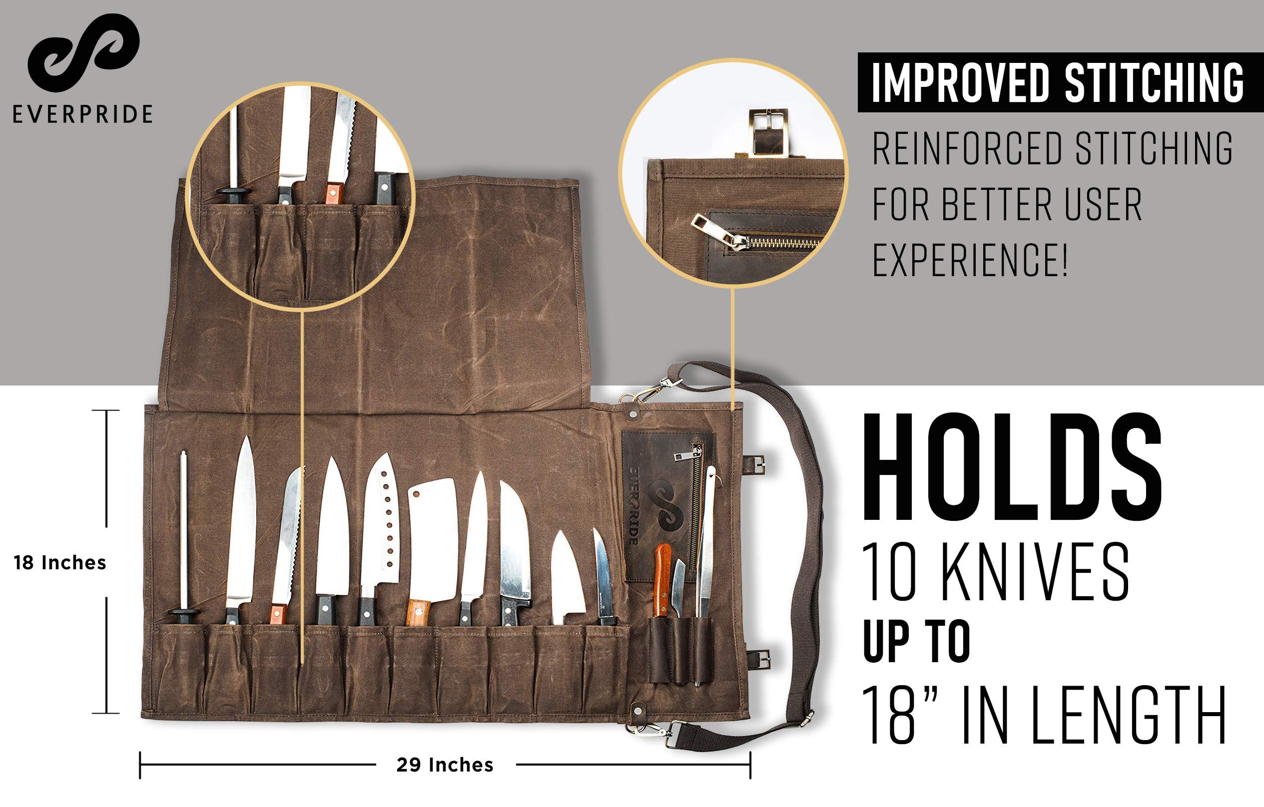 EVERPRIDE Waxed Canvas and Leather Chef Knife Roll Bag β Chef Bag Holds 10 Knives up to 18β PLUS Pocket for Cooking Accessories β Durable Knife Case for Professional Chefs β Knives Not Included