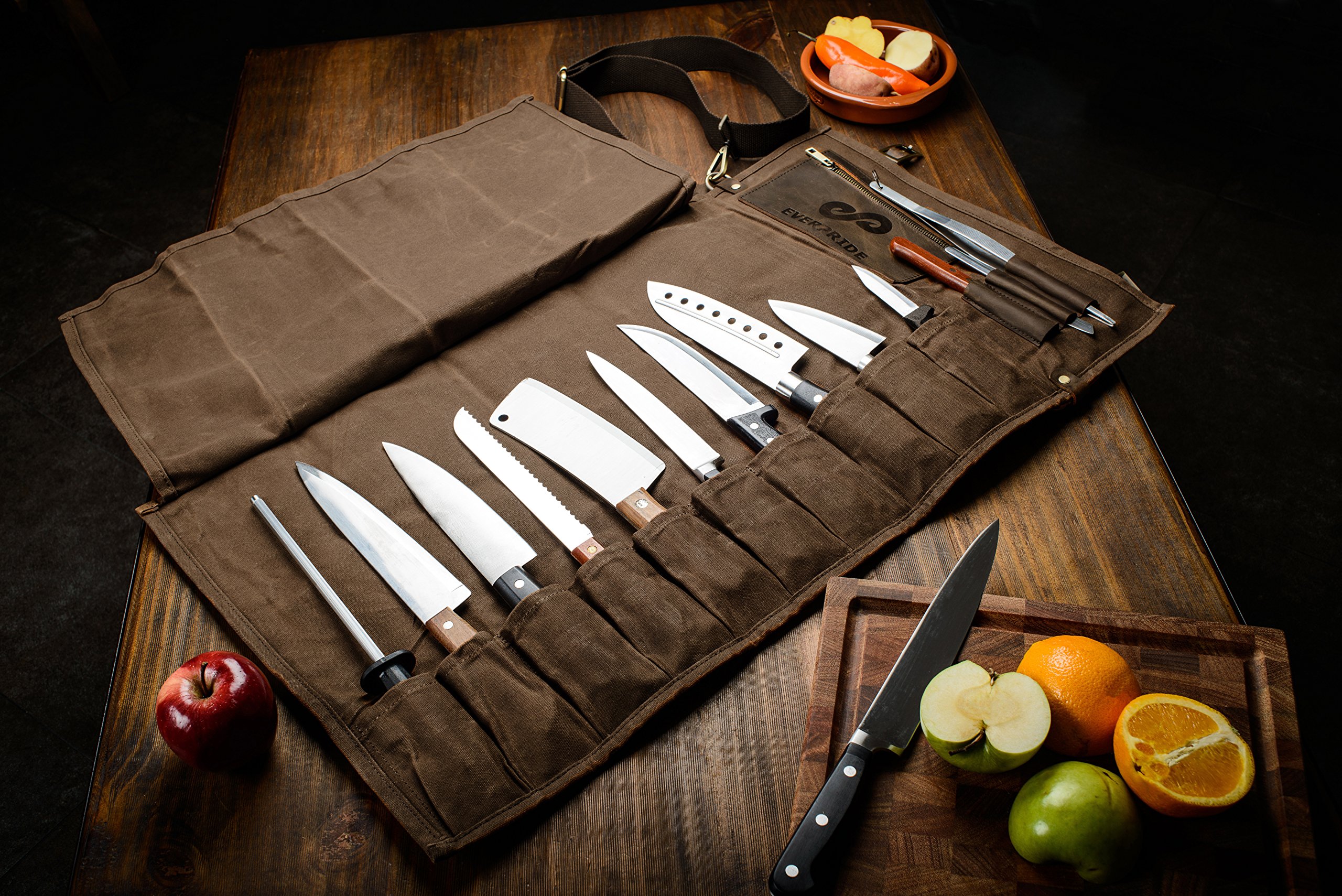 EVERPRIDE Waxed Canvas and Leather Chef Knife Roll Bag β Chef Bag Holds 10 Knives up to 18β PLUS Pocket for Cooking Accessories β Durable Knife Case for Professional Chefs β Knives Not Included
