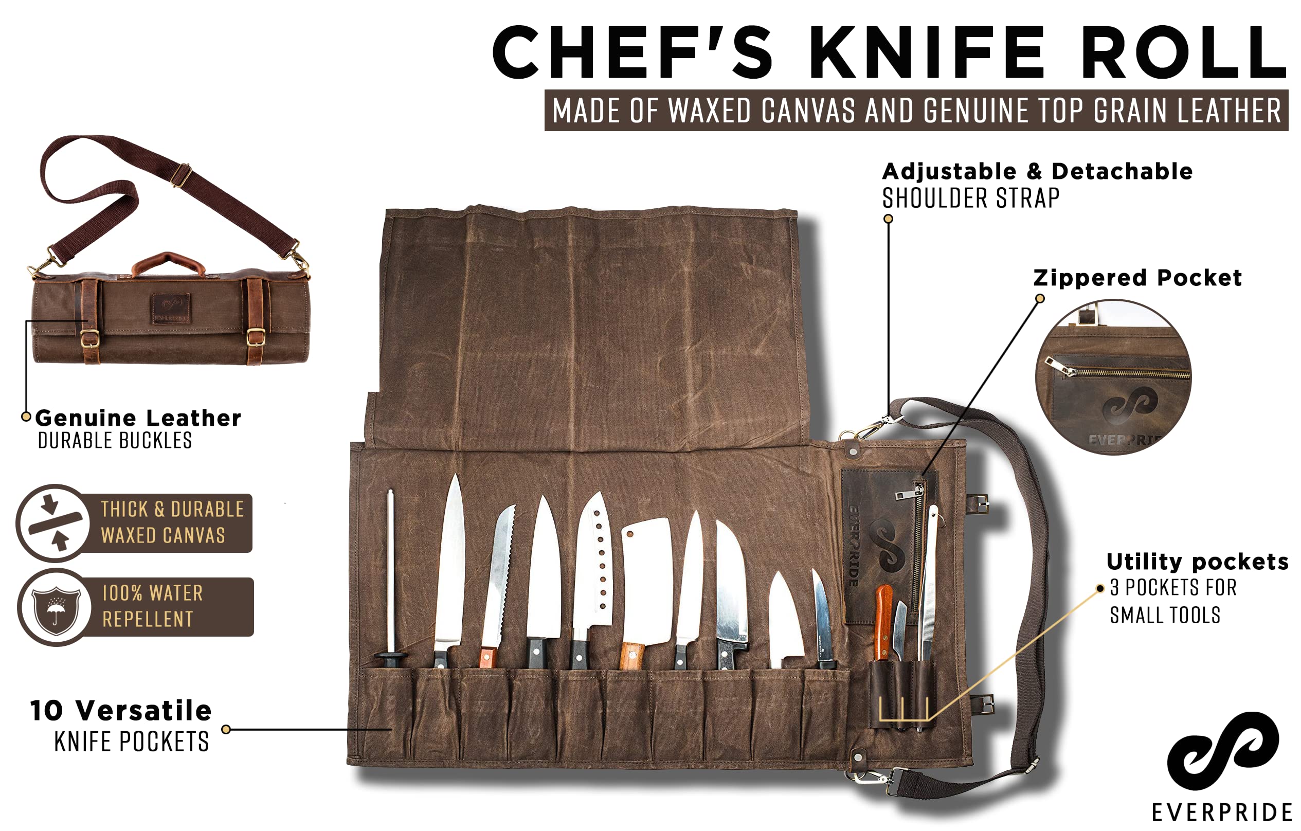 EVERPRIDE Waxed Canvas and Leather Chef Knife Roll Bag β Chef Bag Holds 10 Knives up to 18β PLUS Pocket for Cooking Accessories β Durable Knife Case for Professional Chefs β Knives Not Included