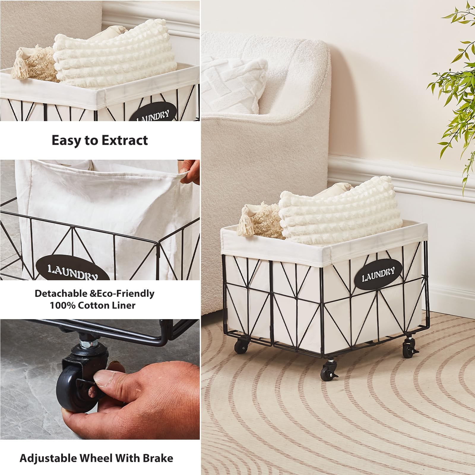 Mxfurhawa Collapsible Laundry Hamper with Wheels, 65L Capacity and Removable Liner, Sturdy Metal Frame for Clothes Storage and Transport - Convenient Laundry Basket for Home Use (65L-LE-Black)