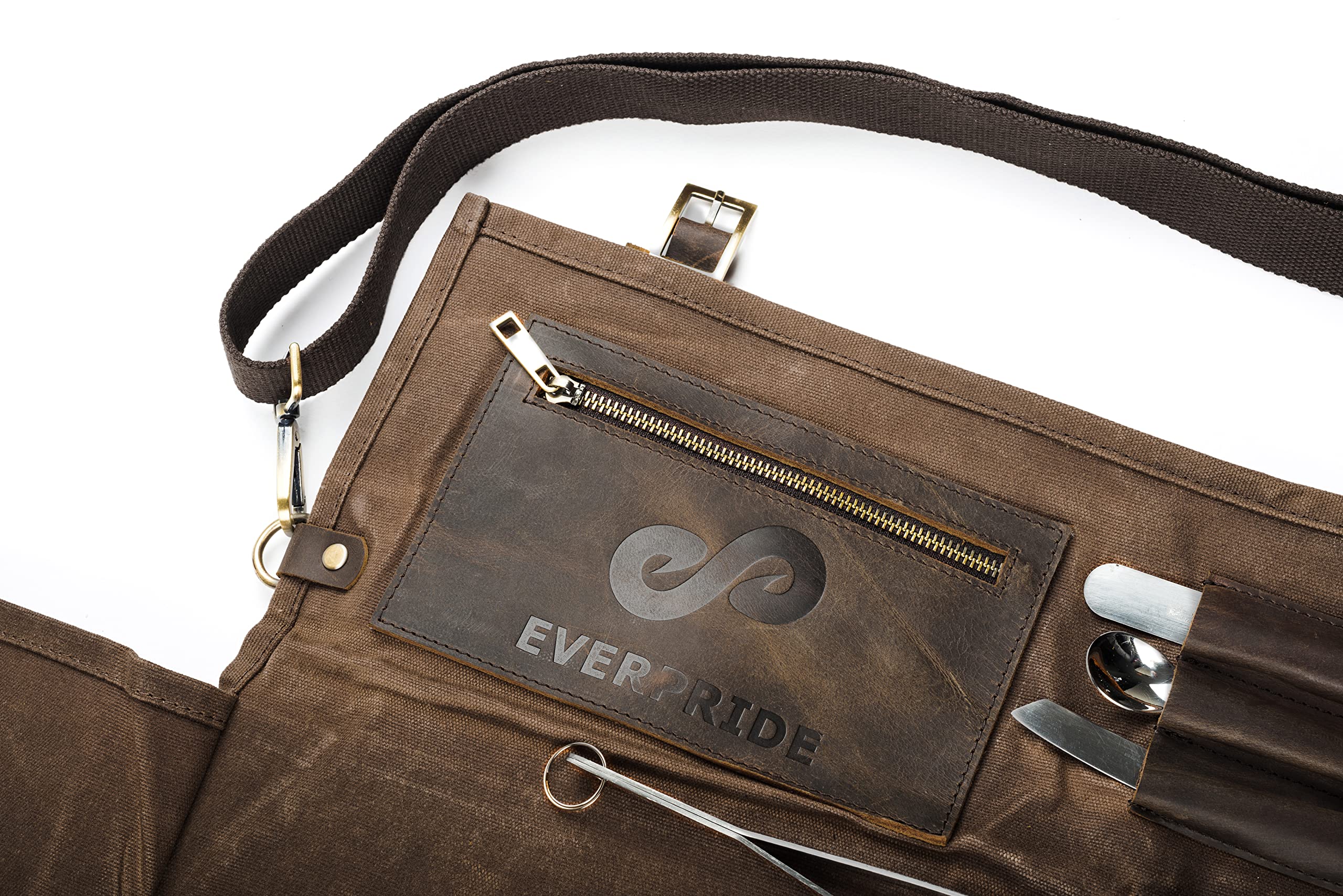 EVERPRIDE Waxed Canvas and Leather Chef Knife Roll Bag β Chef Bag Holds 10 Knives up to 18β PLUS Pocket for Cooking Accessories β Durable Knife Case for Professional Chefs β Knives Not Included