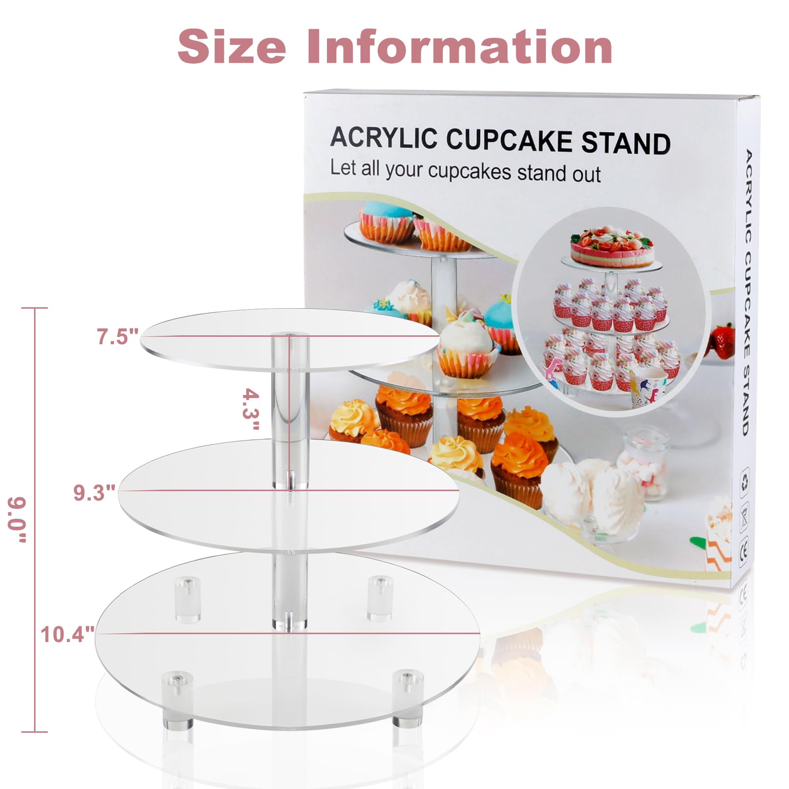 3 Tiers Round Cupcake Stand, Acrylic Cake Tower Stand Holder Macaron Display Rack Cookie Candy Buffet Desserts Platter with Base for Baby Shower, Birthday Party, Wedding, Party (3-Tiers with Base)