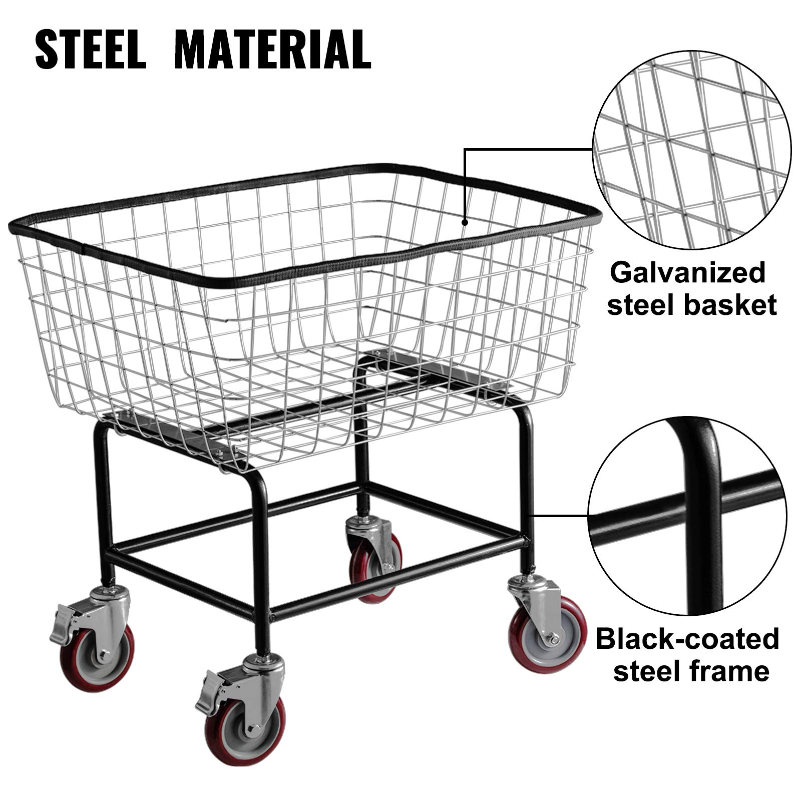 VEVOR Wire Laundry Cart 2.2 Bushel, Wire Laundry Basket With Wheels 20''x15.7''x26'', Commercial Wire Laundry Basket Cart, Galvanized Steel Frame with 5'' Casters, Wire Basket Cart for Laundry