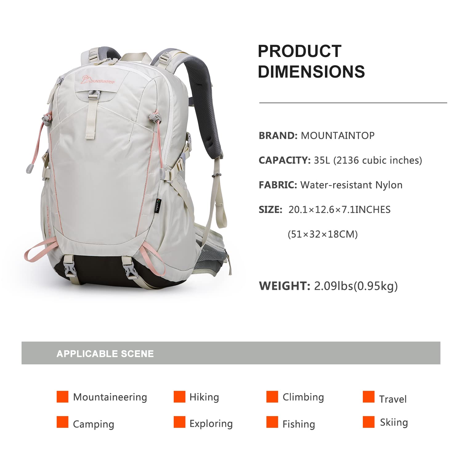 MOUNTAINTOP 35L Hiking Backpack for Women Outdoor Backpack with Rain Cover for Camping, Cycling and Traveling, Ivory