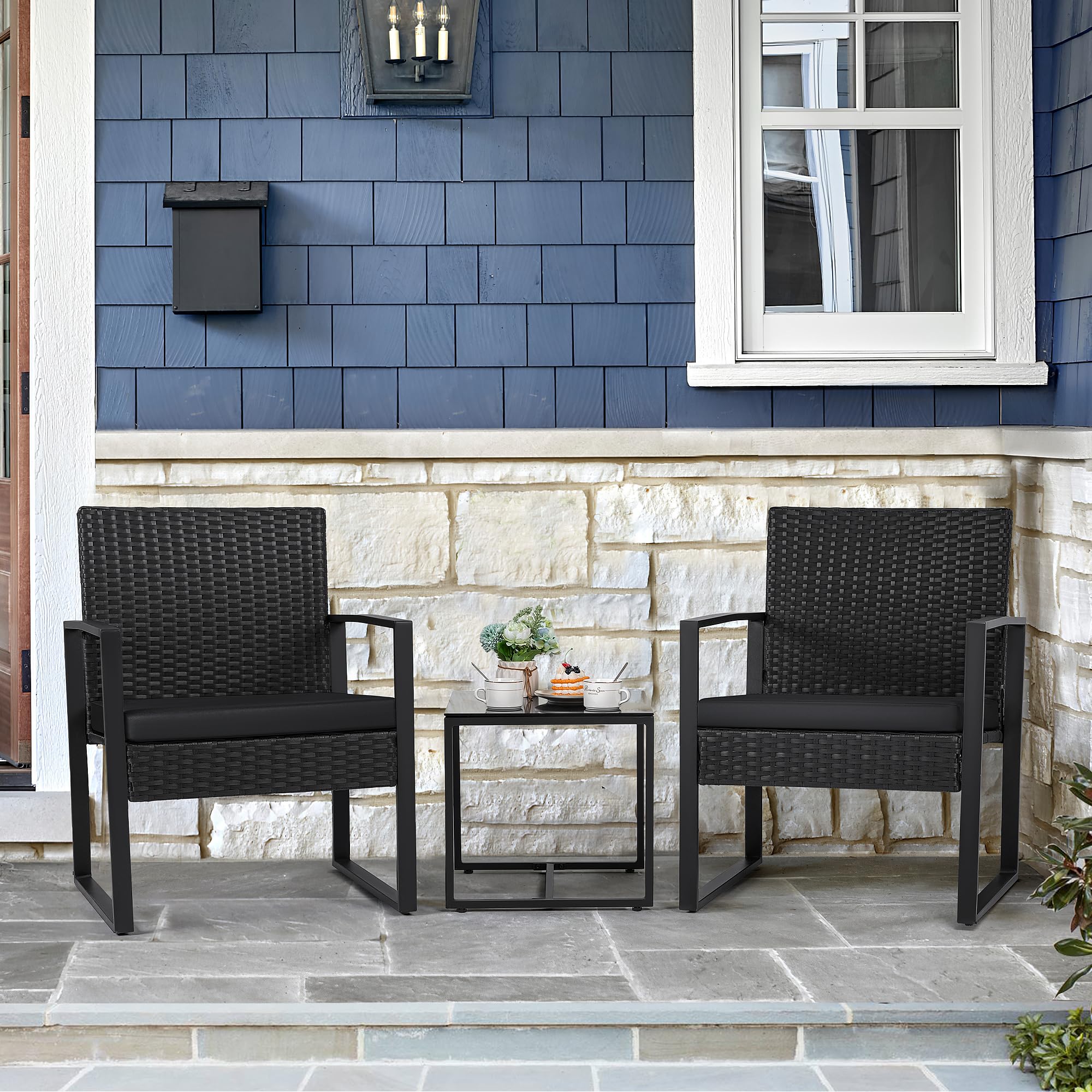 Flamaker 3 Pieces Patio Set Outdoor Wicker Patio Furniture Sets Modern Bistro Set Rattan Chair Conversation Sets with Coffee Table for Yard and Bistro (Black)