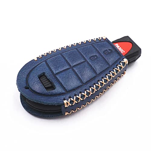 MJKEYAuto Leather 3 Buttons Key Fob Cover Case for Dodge Ram Chrysler 300 Town Country Jeep Challenger Charger Grand Caravan (Blue)
