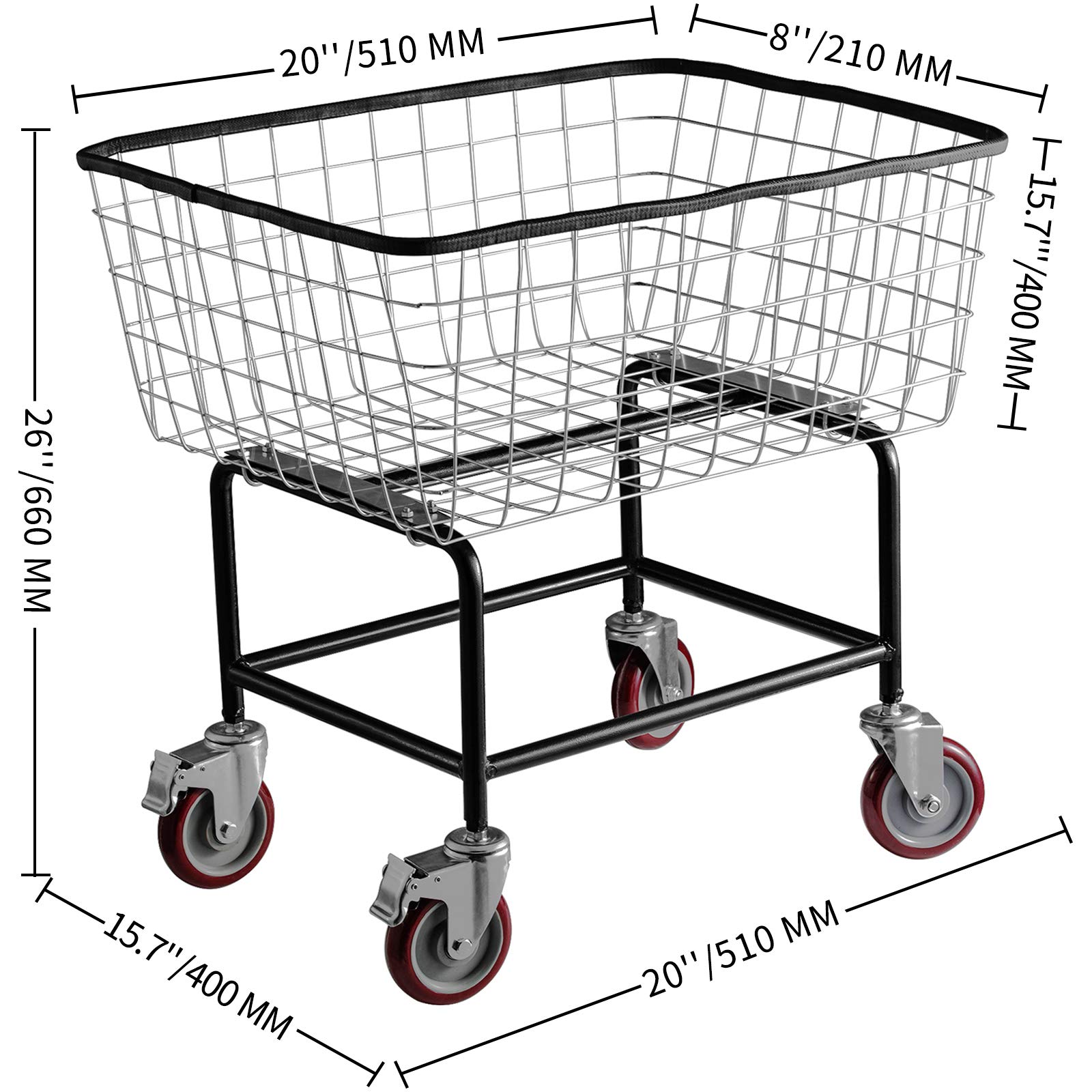 VEVOR Wire Laundry Cart 2.2 Bushel, Wire Laundry Basket With Wheels 20''x15.7''x26'', Commercial Wire Laundry Basket Cart, Galvanized Steel Frame with 5'' Casters, Wire Basket Cart for Laundry