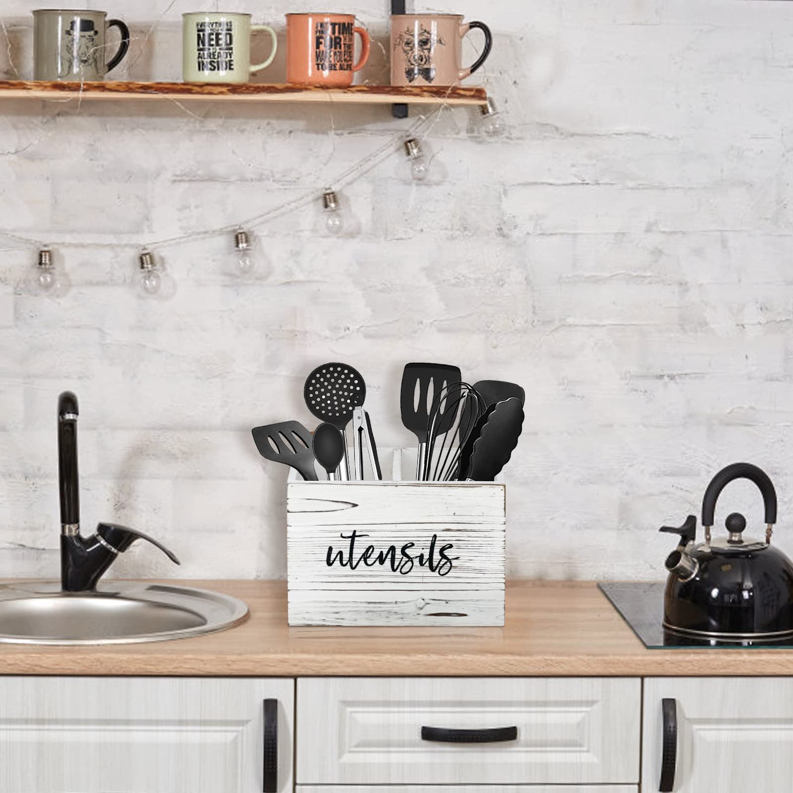 Uituka Utensil Holder Organizer Countertop for Kitchen Wood Crock Farmhouse Caddy Flatware Storage Box Rustic Utensils for Kitchen with 2 Compartments