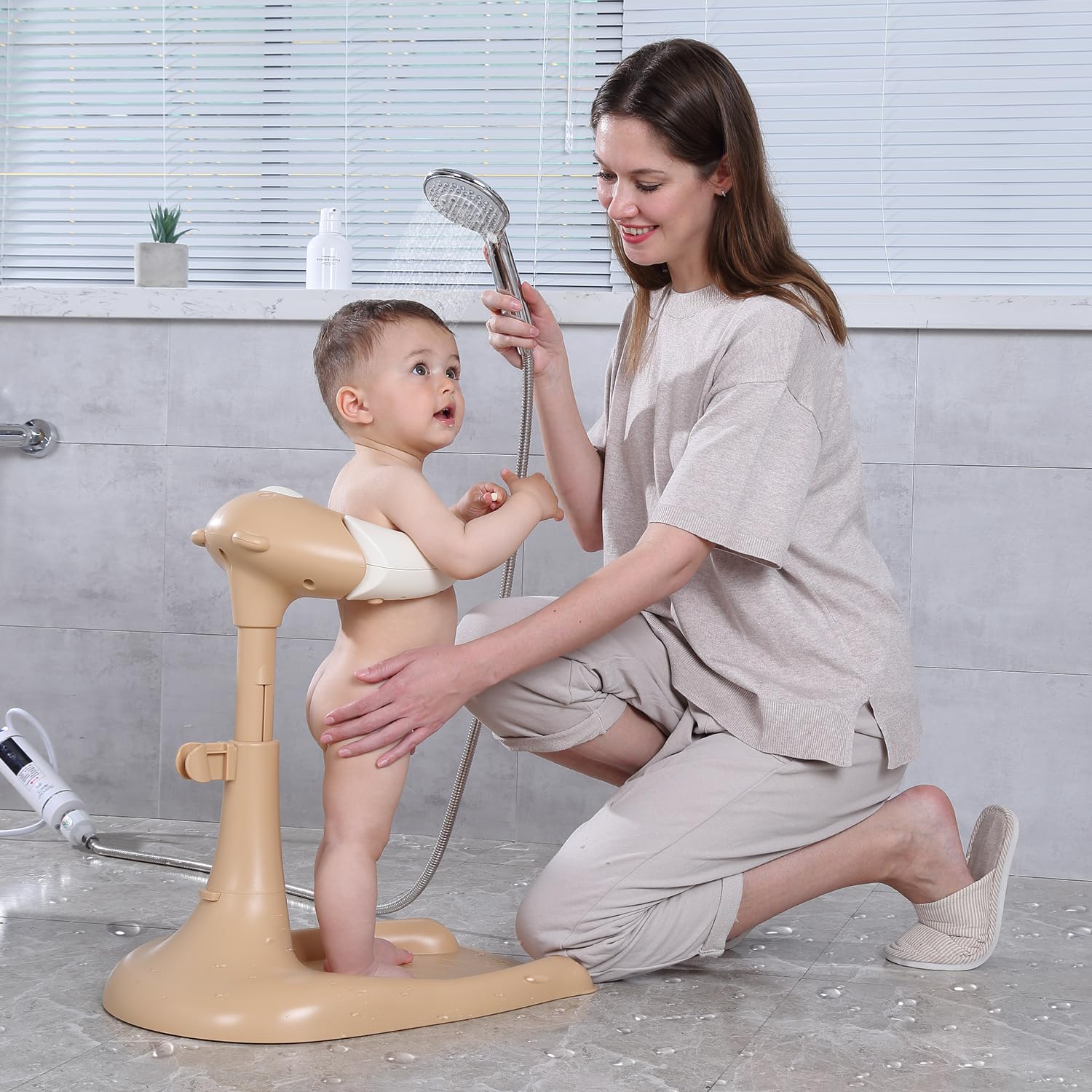 Doraloko Hug Bath Tower for Baby Standing Up Themselves, 6-18 Months Toddler Shower Bathing Stand Support, Mother Helper Safe Handle, Easy Setup Adjustable Size(Beige Color)