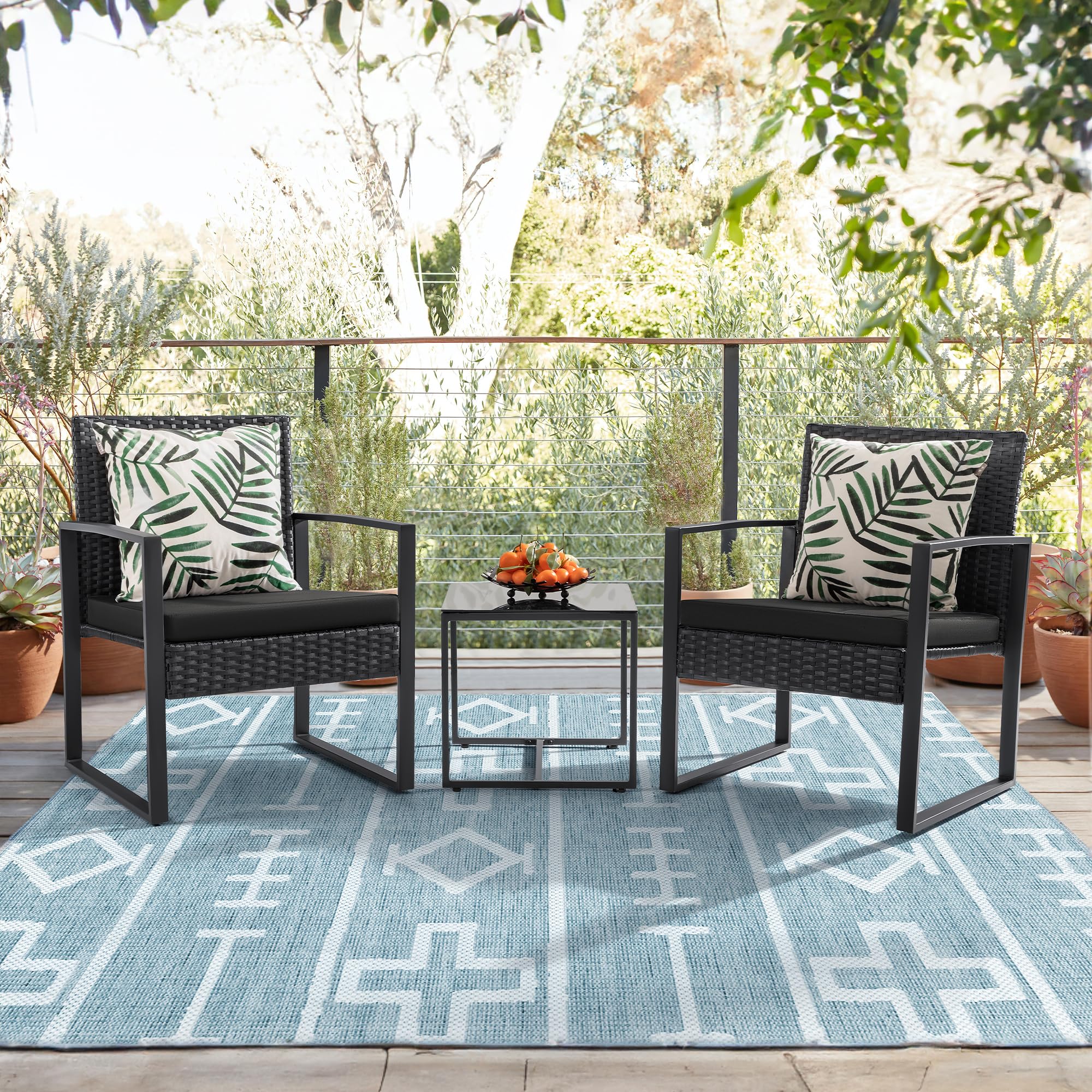 Flamaker 3 Pieces Patio Set Outdoor Wicker Patio Furniture Sets Modern Bistro Set Rattan Chair Conversation Sets with Coffee Table for Yard and Bistro (Black)
