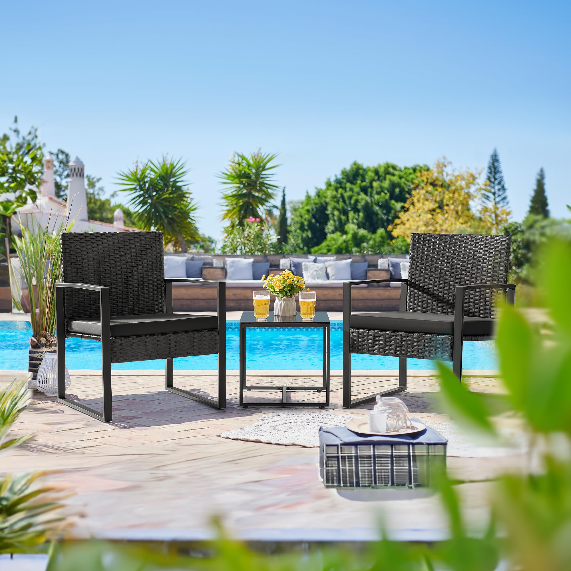 Flamaker 3 Pieces Patio Set Outdoor Wicker Patio Furniture Sets Modern Bistro Set Rattan Chair Conversation Sets with Coffee Table for Yard and Bistro (Black)