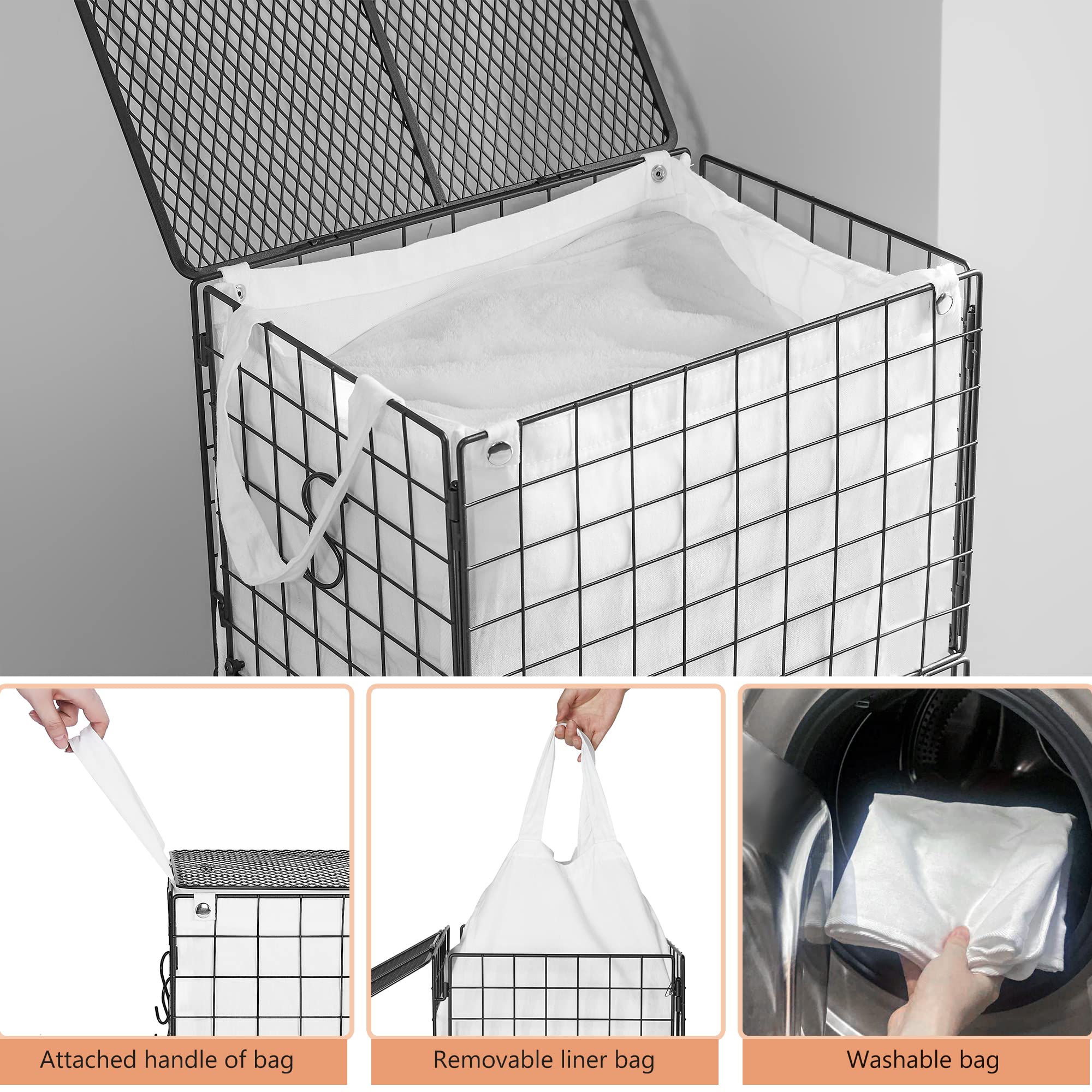ELYKEN 2 Pack Laundry Hamper with Lid and Wheel, Rolling Metal Wire Frame Dirty Clothes Basket for Small Bathroom, 61L Capacity Liner Bag with Handle, Heavy Duty Steel Cover Bedroom Organizer White