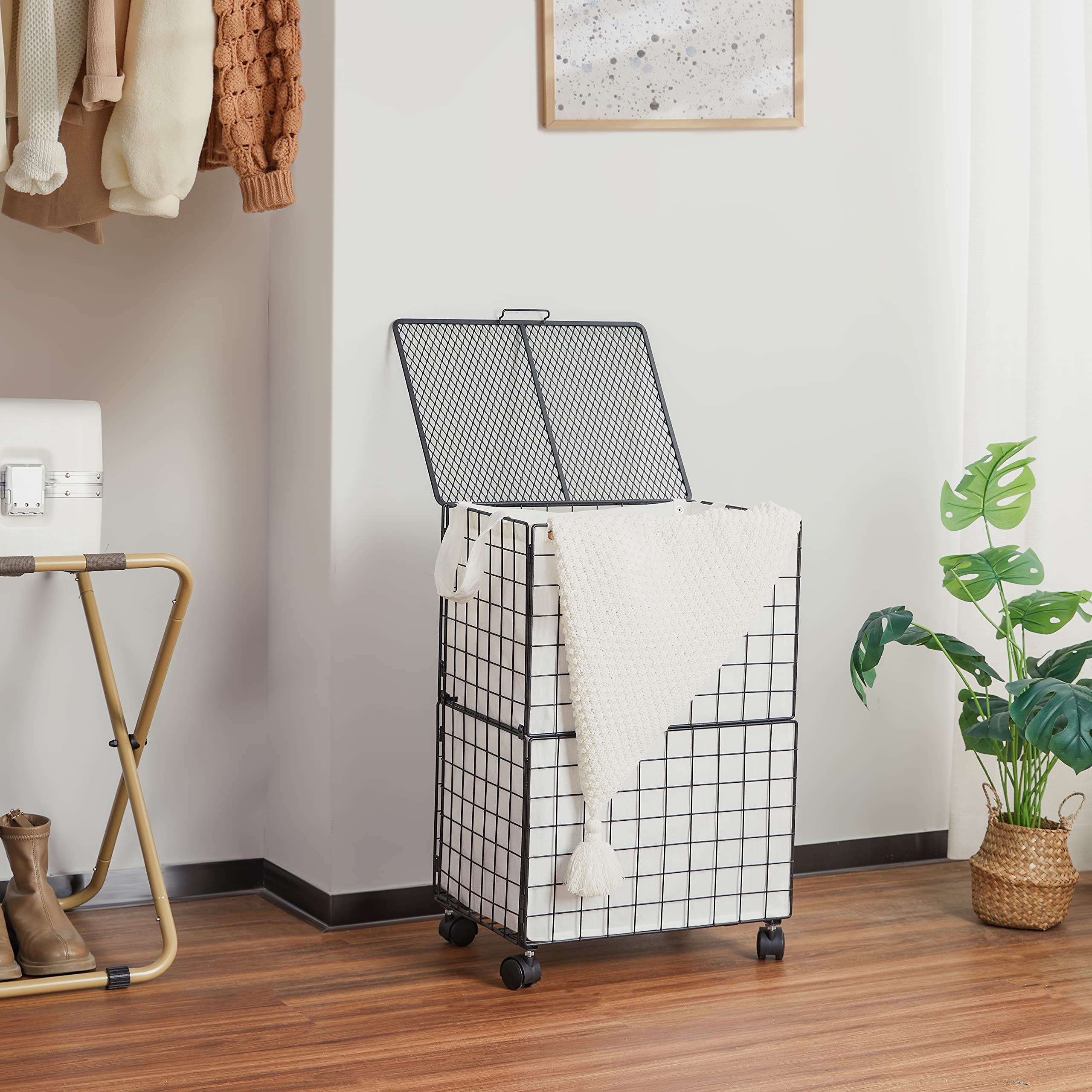 ELYKEN 2 Pack Laundry Hamper with Lid and Wheel, Rolling Metal Wire Frame Dirty Clothes Basket for Small Bathroom, 61L Capacity Liner Bag with Handle, Heavy Duty Steel Cover Bedroom Organizer White