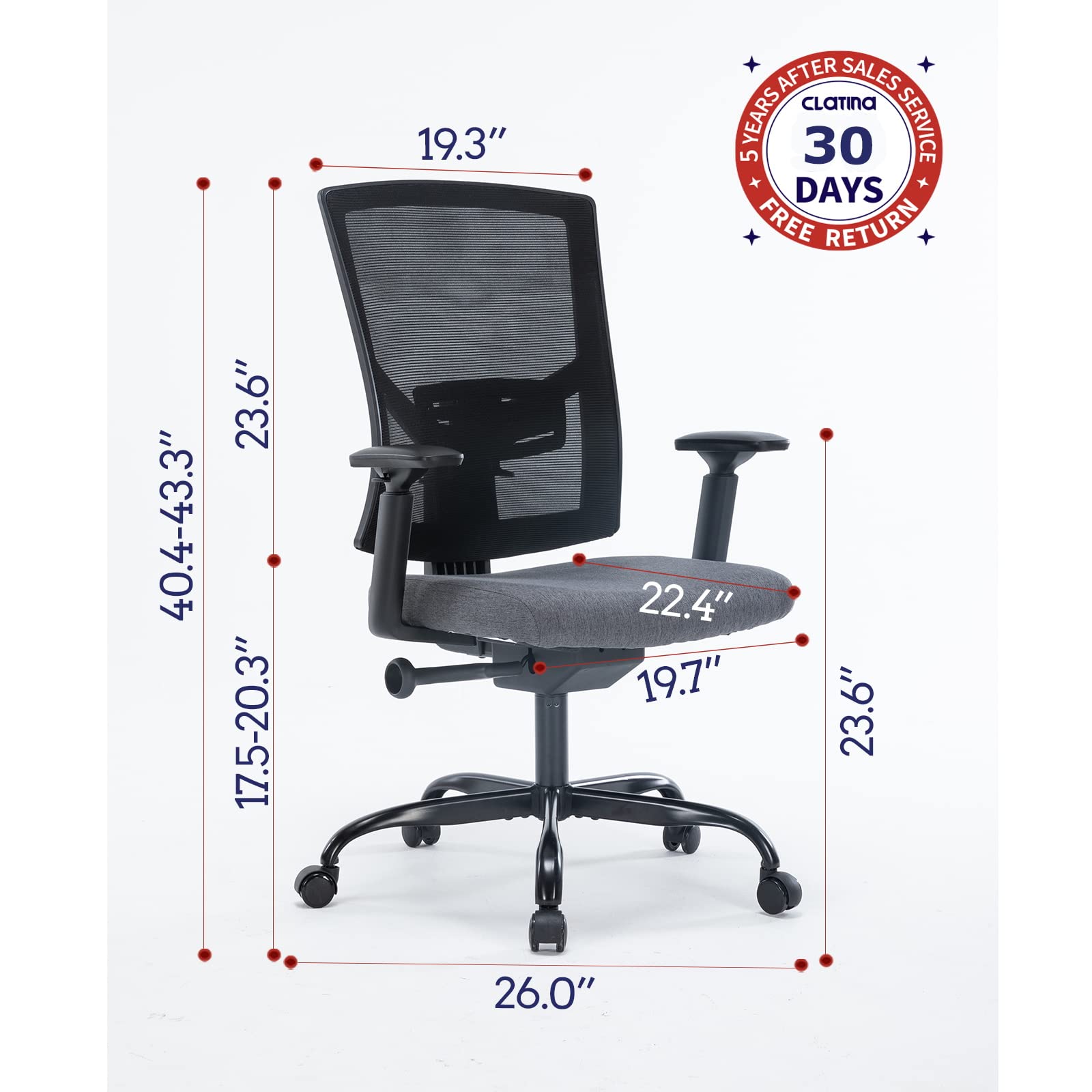 CLATINA Office Chair, Ergonomic Desk Chair with Wheels, Mesh Computer Swivel Rolling Chairs with 4D Adjustable Lumbar Support, Armrests and 140° Tilt Function, Task Executive Chair for Home Office