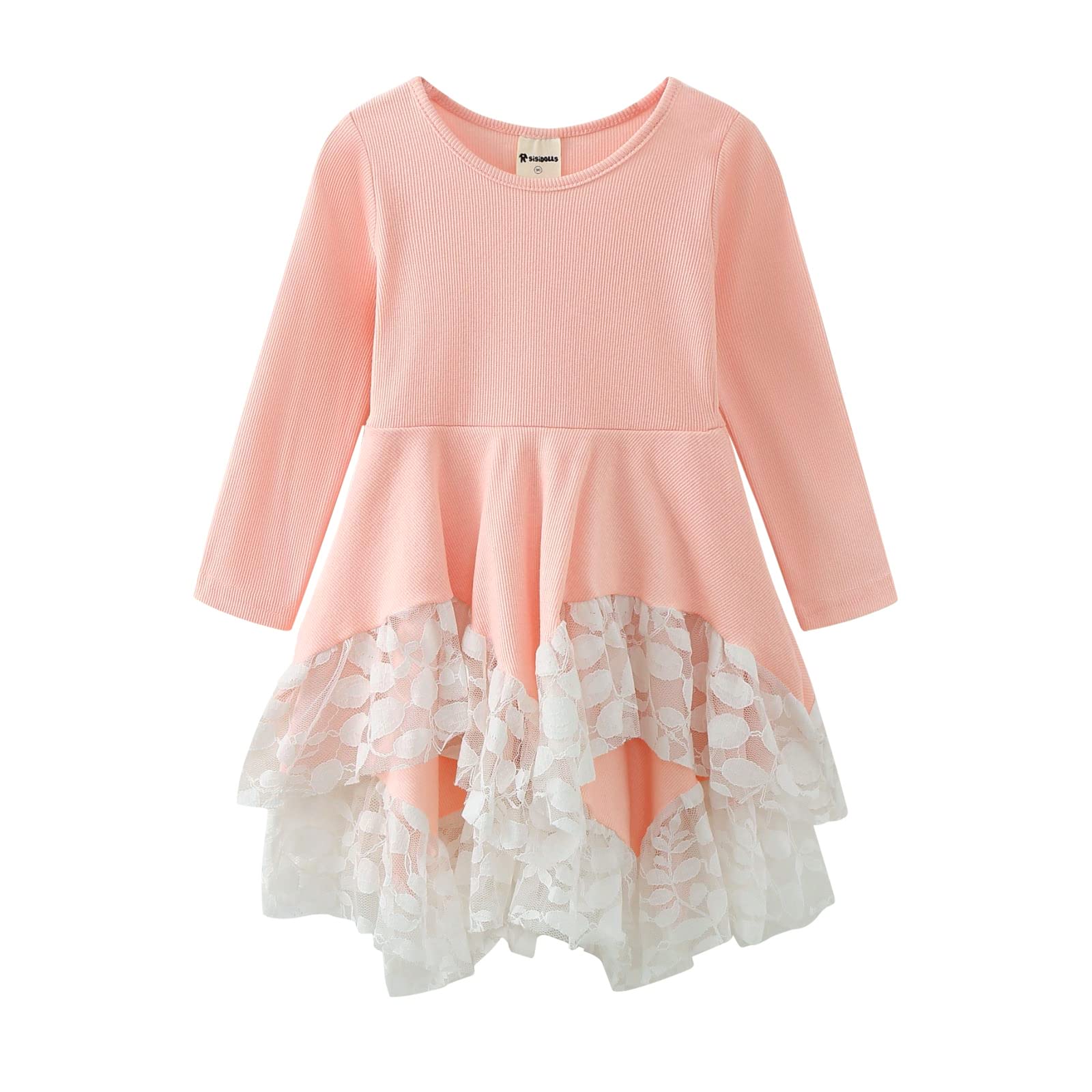 Baby Girls Long Sleeve Winter Ribbed Knit Dress Lace Layered Ruffle Dress for Christmas Holiday (Pink, 12-24M)