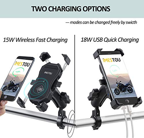 iMESTOU Auto Clamping Motorcycle Phone Mount Charger Wireless qi & USB Quick Charging 2 in 1 Handlebar Cell Phone Holder 9CM Stem 1" Ball Mount 720 Rotation Quick Release for 3.5-6.8 Inch Smartphone