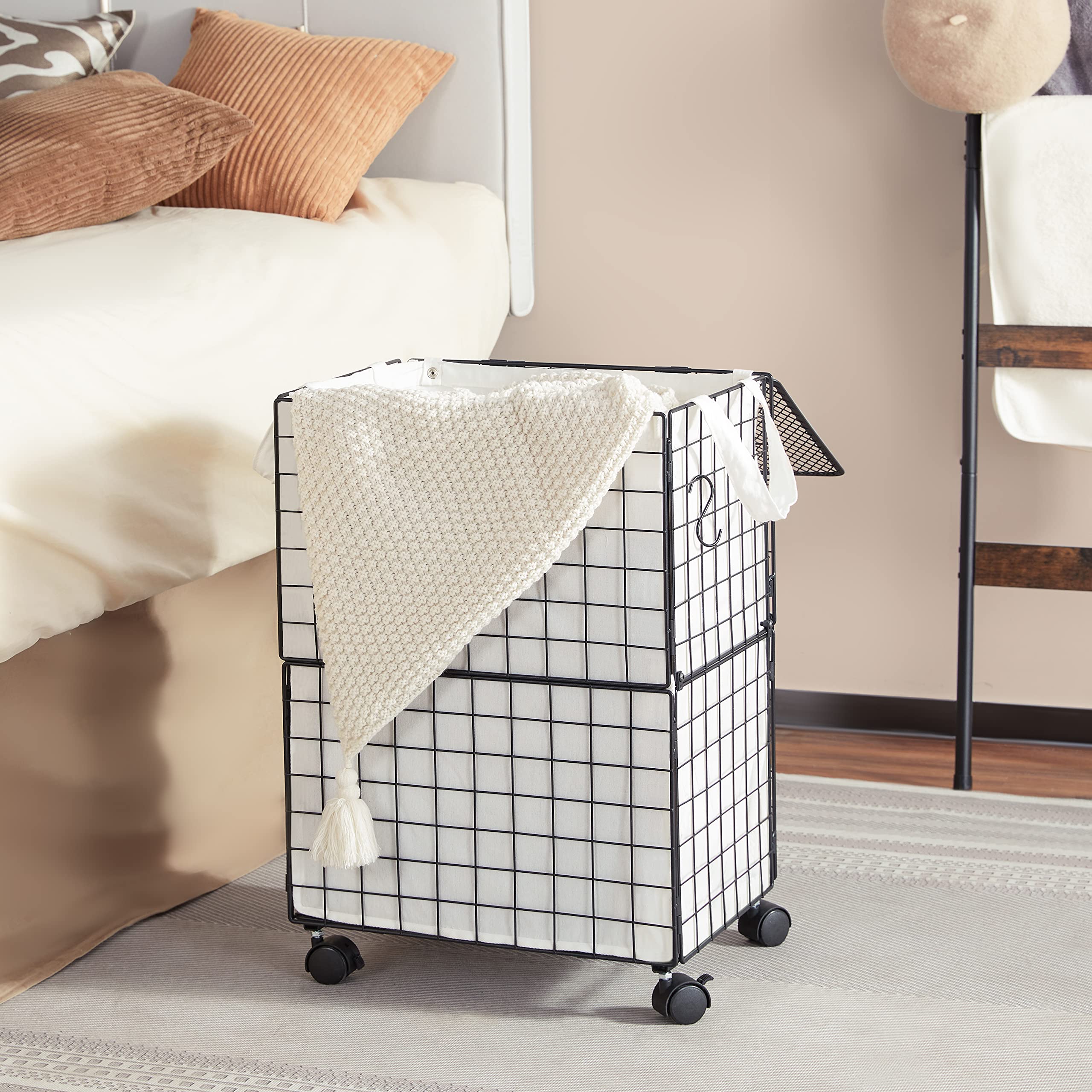 ELYKEN 2 Pack Laundry Hamper with Lid and Wheel, Rolling Metal Wire Frame Dirty Clothes Basket for Small Bathroom, 61L Capacity Liner Bag with Handle, Heavy Duty Steel Cover Bedroom Organizer White