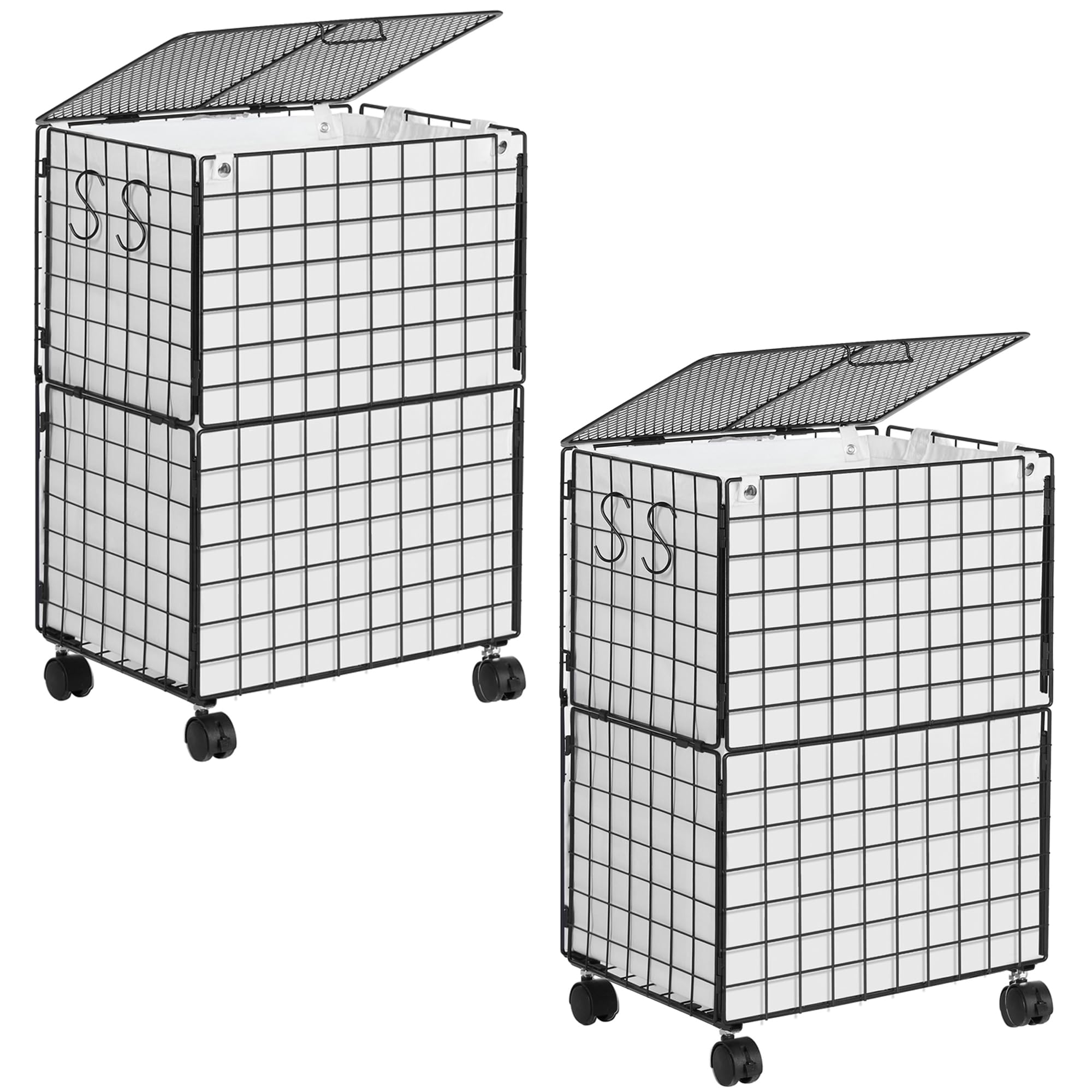 ELYKEN 2 Pack Laundry Hamper with Lid and Wheel, Rolling Metal Wire Frame Dirty Clothes Basket for Small Bathroom, 61L Capacity Liner Bag with Handle, Heavy Duty Steel Cover Bedroom Organizer White