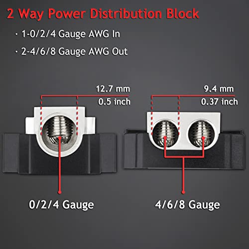 Hamolar 4 Pack 2 Way Power Distribution Block, 0/2/4 Gauge in / 4/8 Gauge Out Amp Power Distribution Ground Distributor Connecting Block for Car Audio Amplifier Splitter