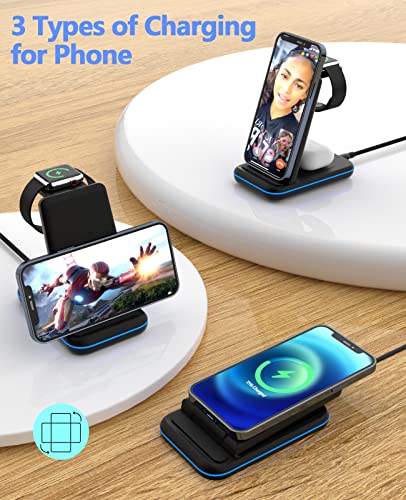Wireless Charging Station, KOOPAO 3 in 1 Fast Wireless Charger Stand Dock Compatible with iPhone 14/13/12/11/Pro/Max/XR/XS/X, Fit for iWatch Series 7/6/5/SE/4/3/2, Airpods Pro/2/3 (with Adapter)