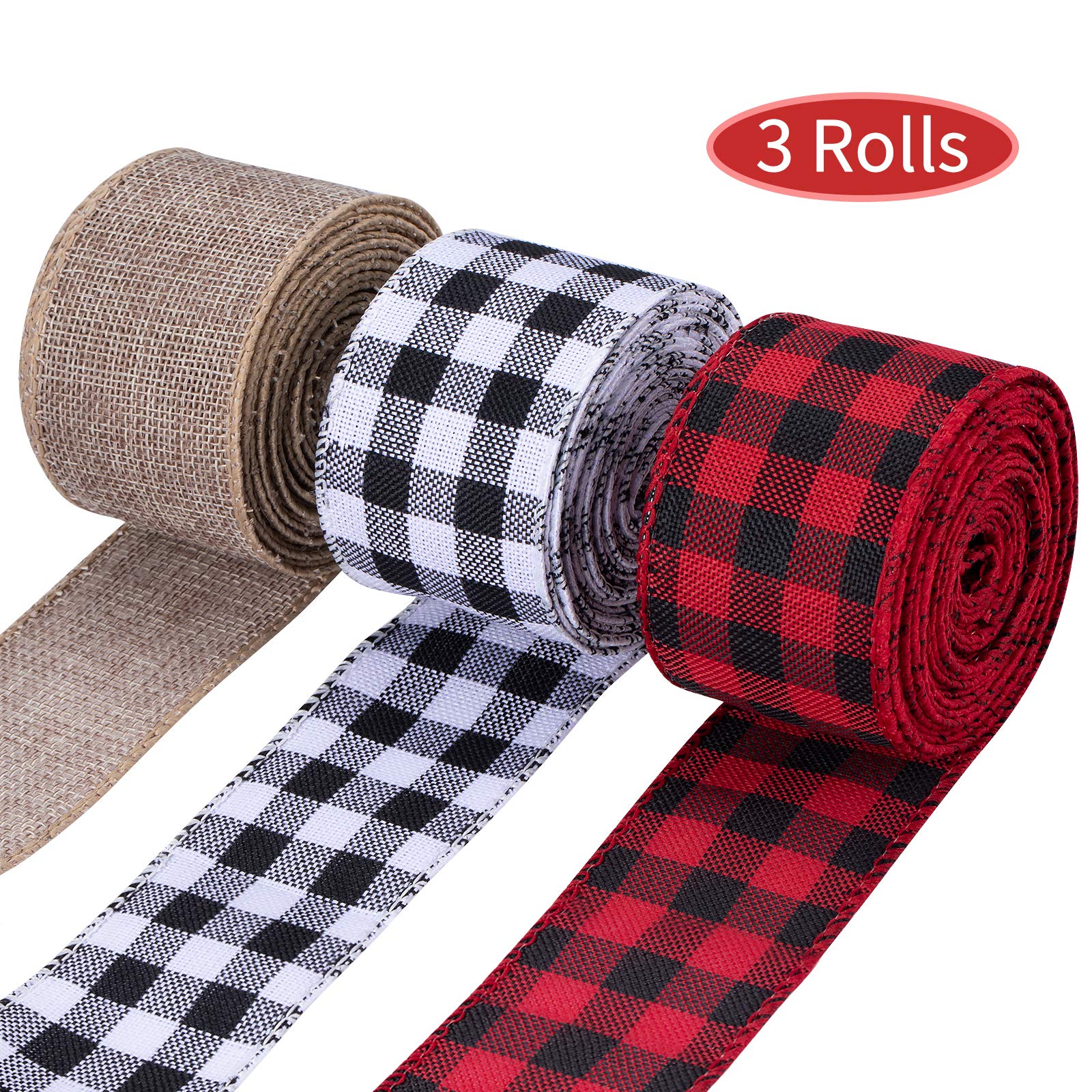 3 Rolls Wired Plaid Ribbons,3x10 Yards,2 Inch Black Red Plaid Ribbon,Black White Buffalo Plaid Ribbon and Burlap Craft Ribbon for DIY Gift Wrapping, Holiday Decorations