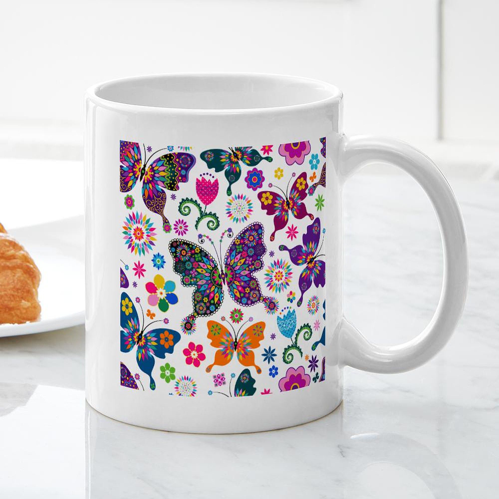 CafePress Colorful Flowers And Butterflies Pattern Mugs Ceramic Coffee Mug, Tea Cup 11 oz