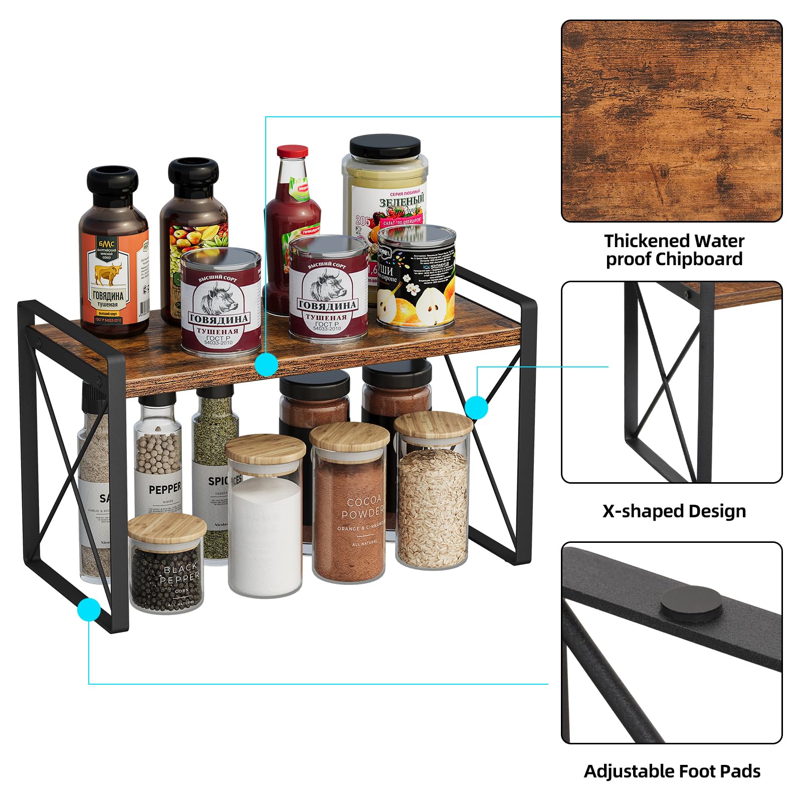 Giikin Countertop Shelf Organizer, Cupboard Stand Spice Rack, Retro Style Cabinet Shelf for Pantry, Kitchen, Bathroom, Reading Room, Bedroom to Save Space (15.7 Inches, Rustic Brown)