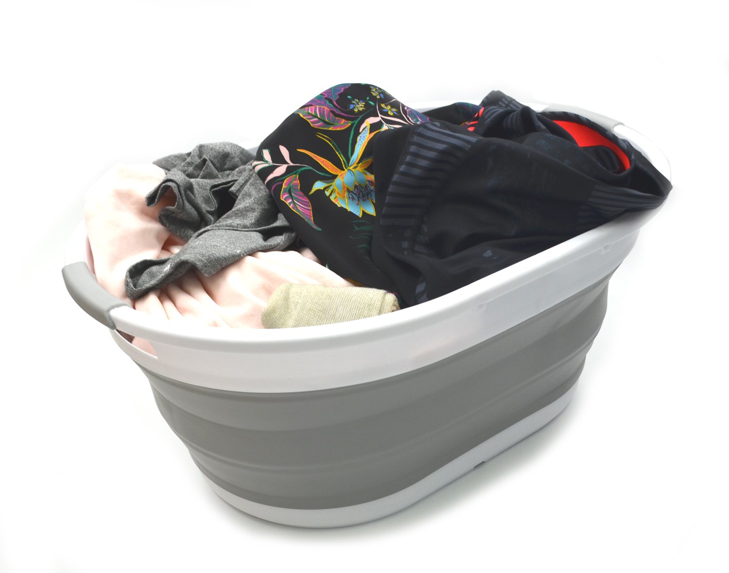 SAMMART 28L (7.4 gallon) Collapsible Plastic Laundry Basket-Oval Tub/Basket - Portable Washing Tub-Space Saving Laundry Hamper, Water capacity: 22L (5.8 gallon) (1, Grey)